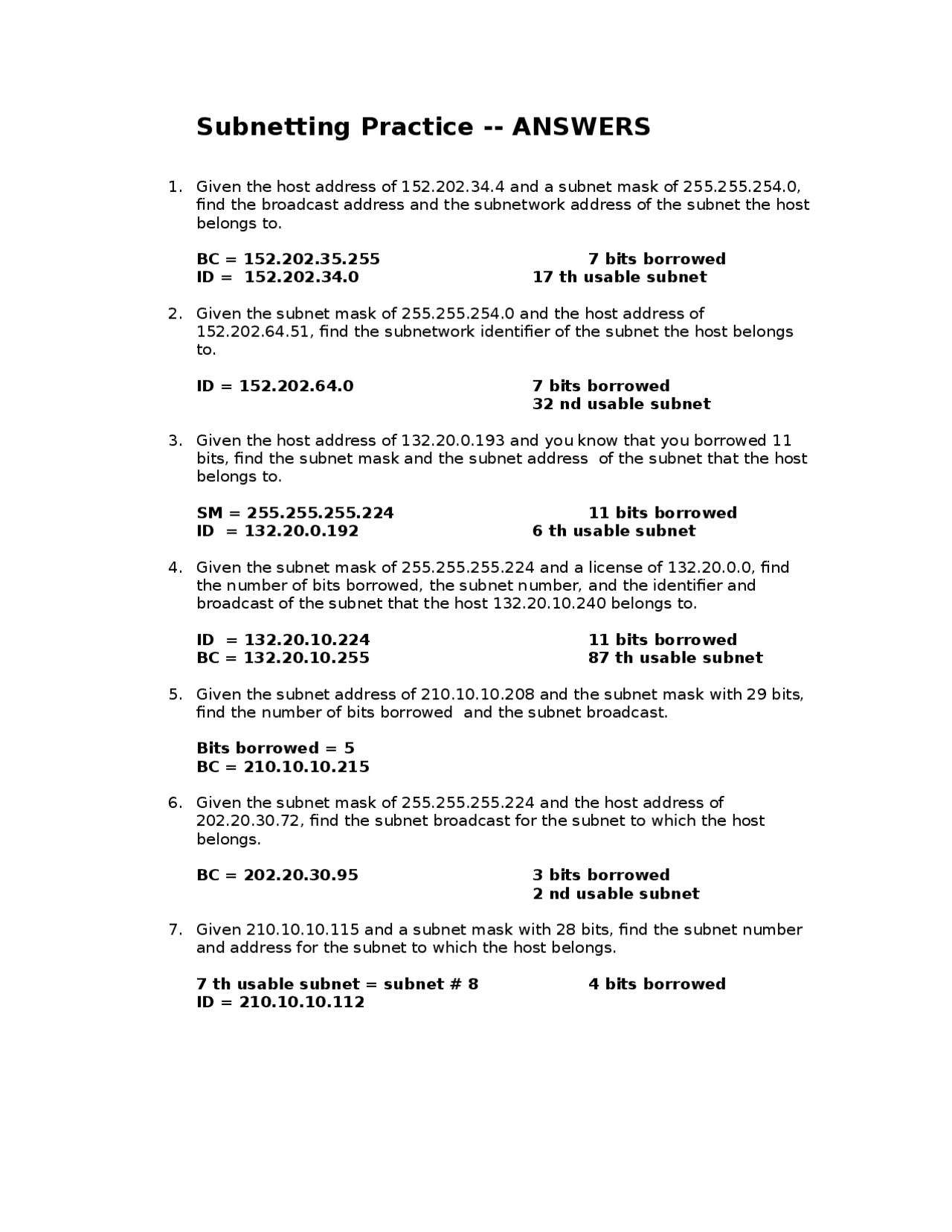 Subnetting Practice Answers Lecture Notes Itnt 2310 Docsity