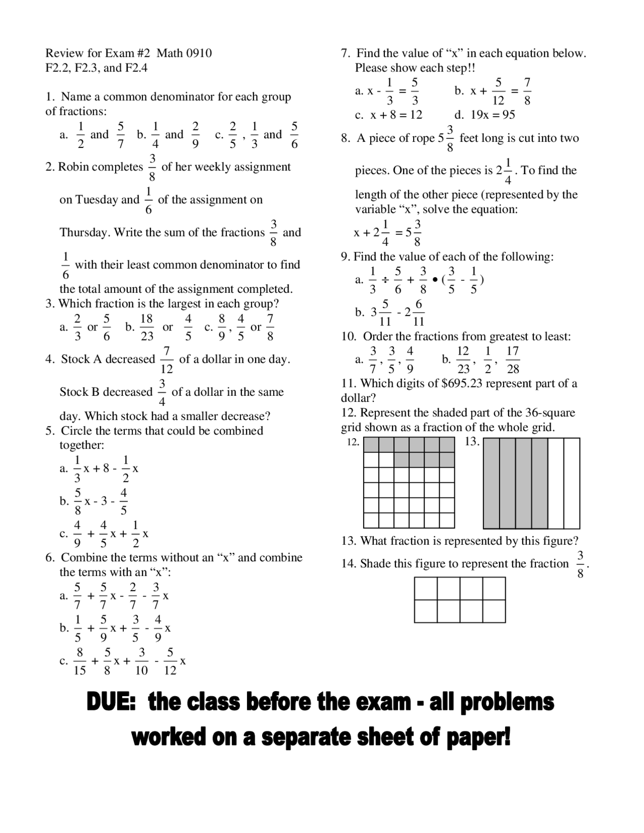 Review for Exam 2 Questions - Basic Arithmetic/Pre-Algebra | MATH 0910 ...