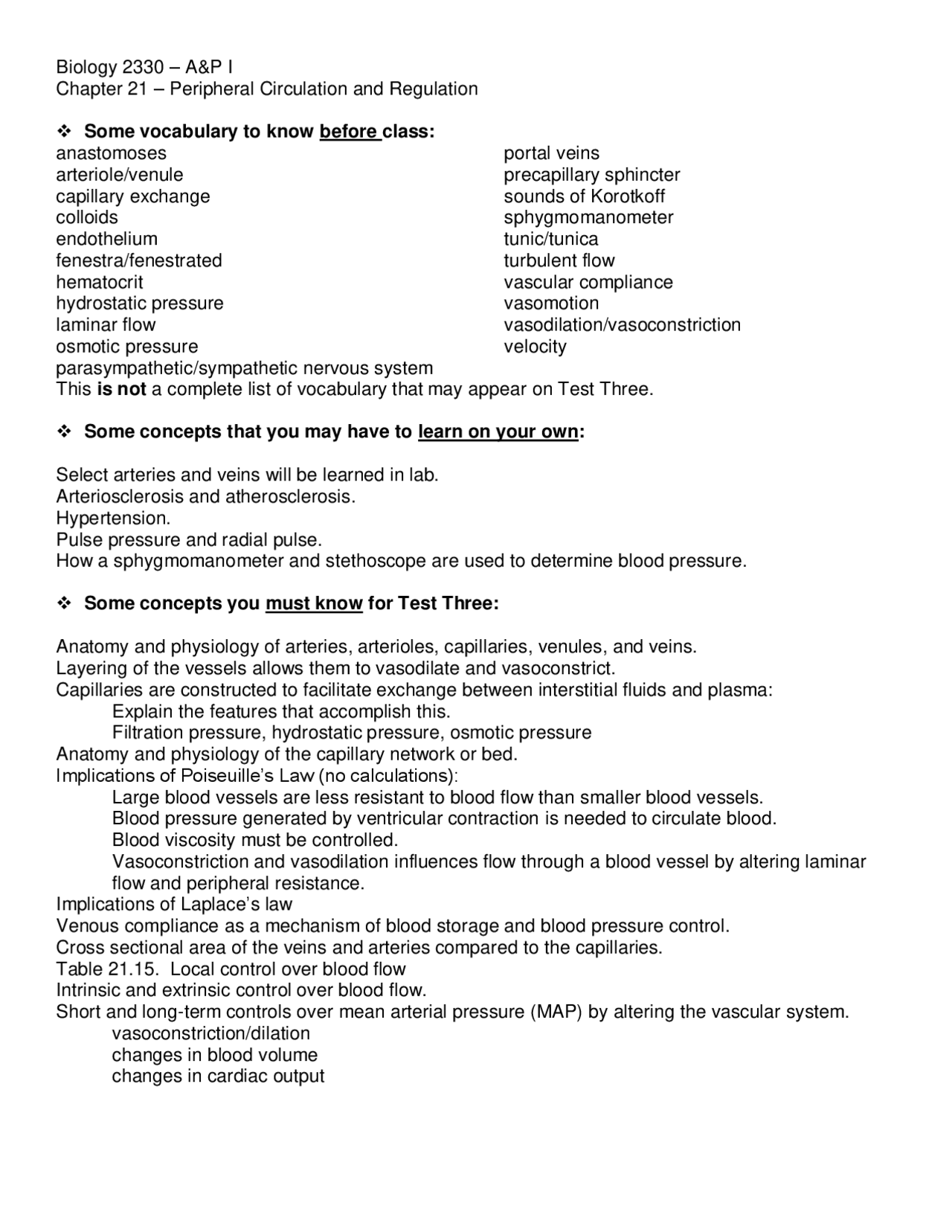 Peripheral Circulation and Regulation - Study Guide | BIO 2330 - Docsity