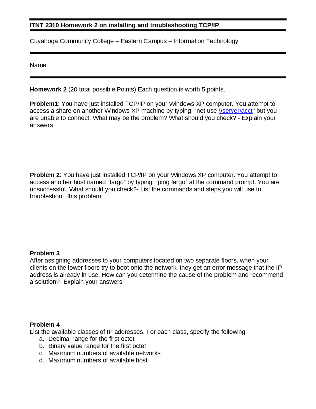 Itnt 2310 Homework 2 Installing And Troubleshooting Tcpip
