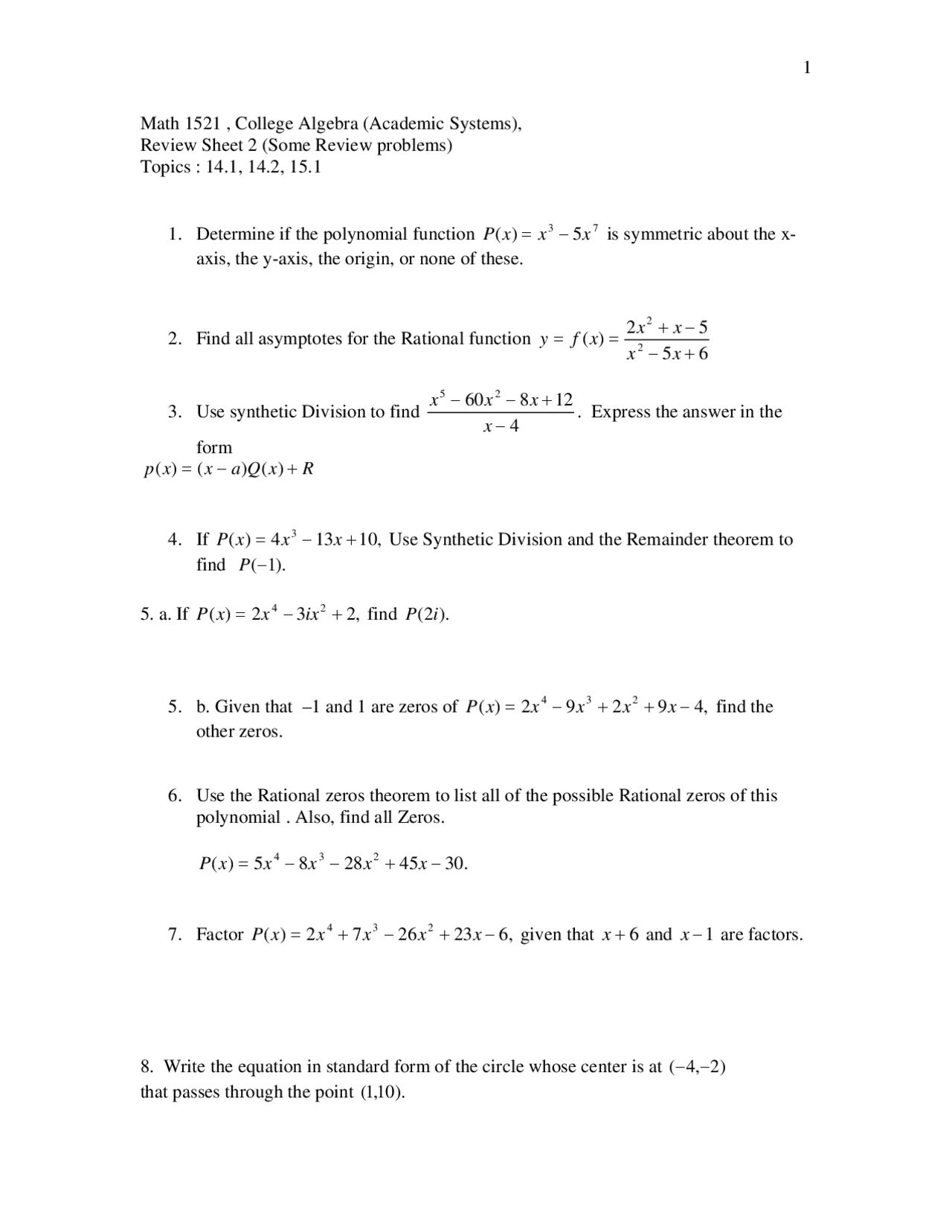 Review Sheet 2 Problems College Algebra MATH 1521 Docsity review-sheet-2-problems-college-algebra-math-1521-docsity