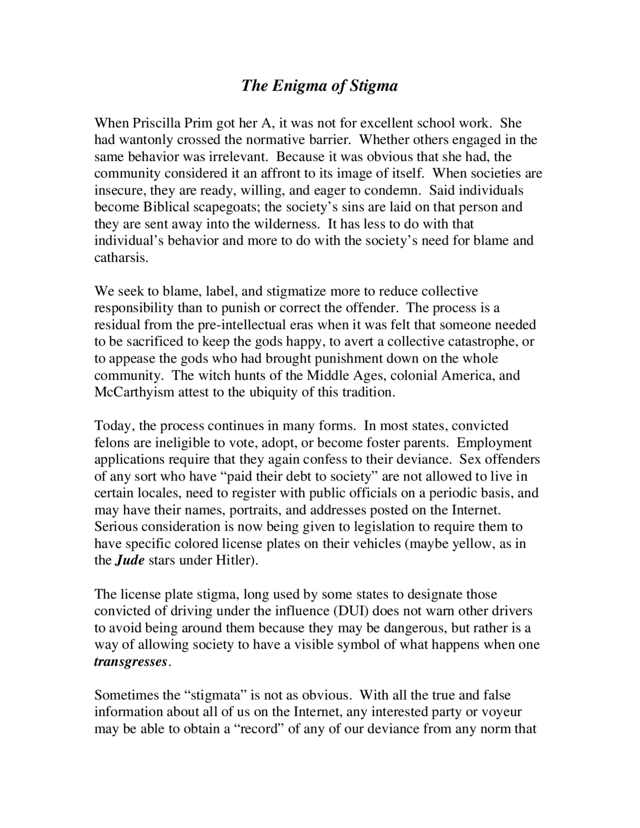 The Enigma of Stigma - Lecture Notes | SOC 2010 - Docsity