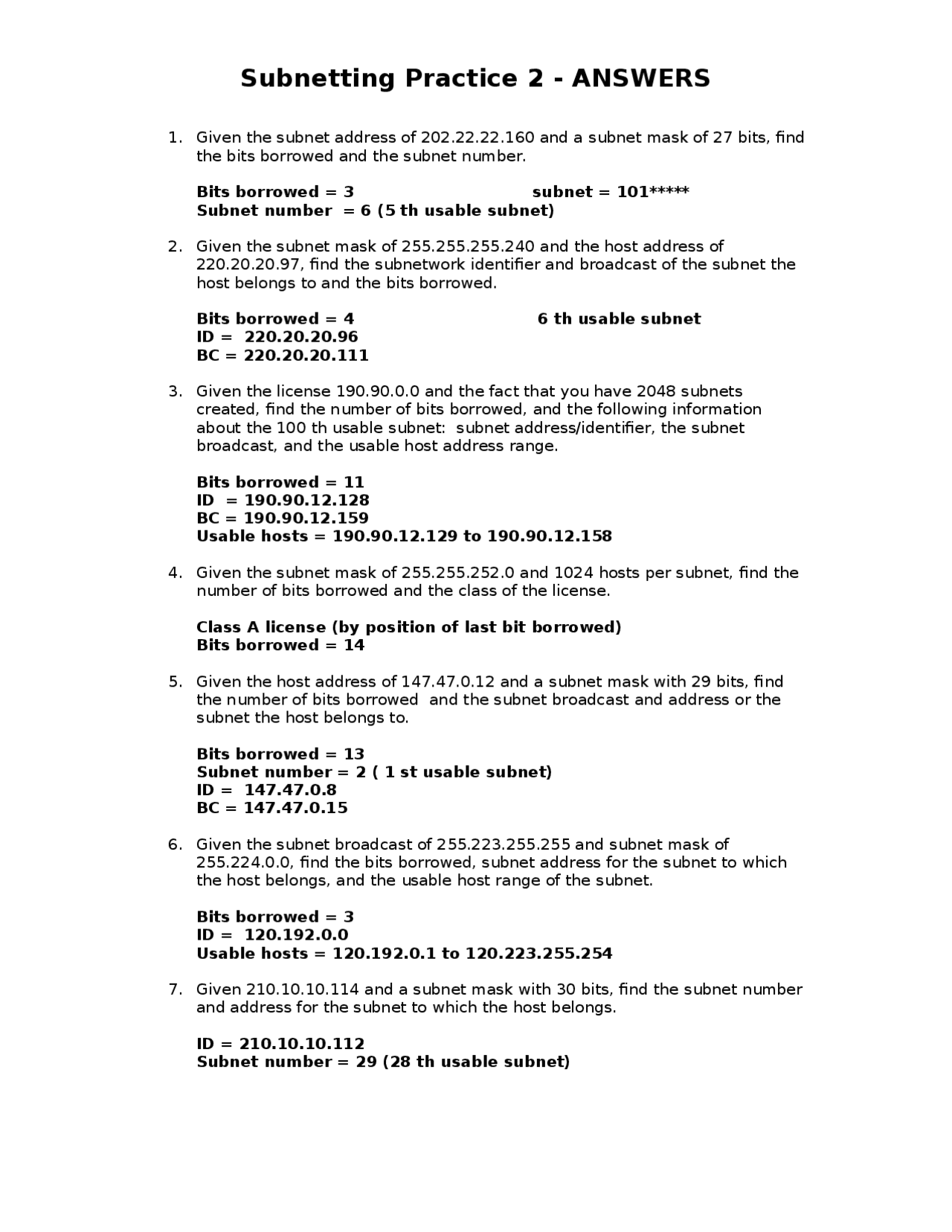 Subnetting Practice 2 With Answers Tcpip Itnt 2310 Docsity