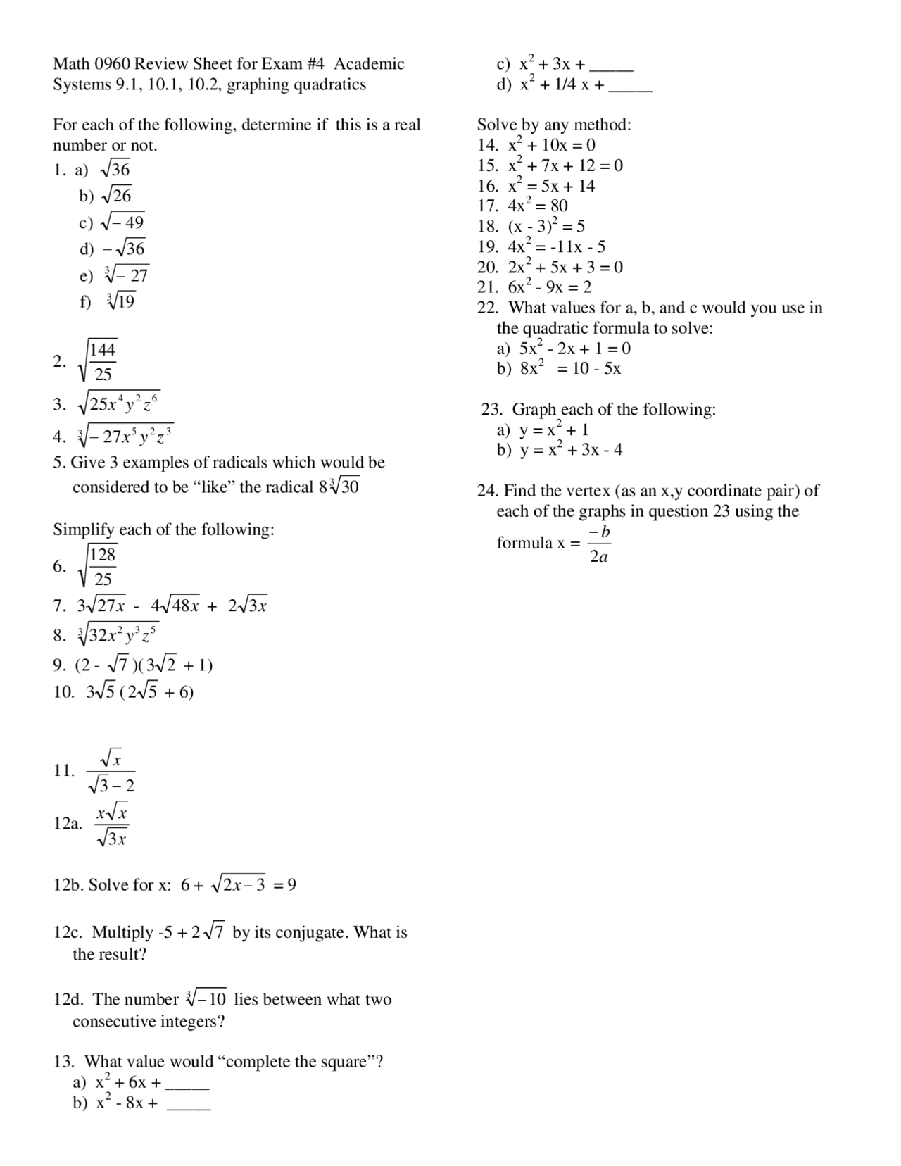 Exam 4 Solved Questions Beginning Algebra Ii Math 0960 Docsity