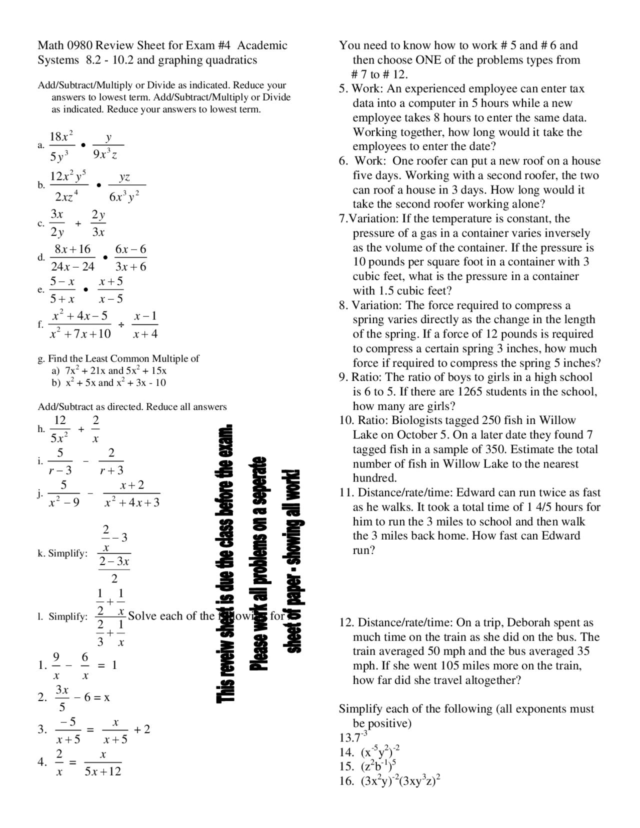 Test IV Review Sheet - Intensified Beginning Algebra | MATH 0980 - Docsity