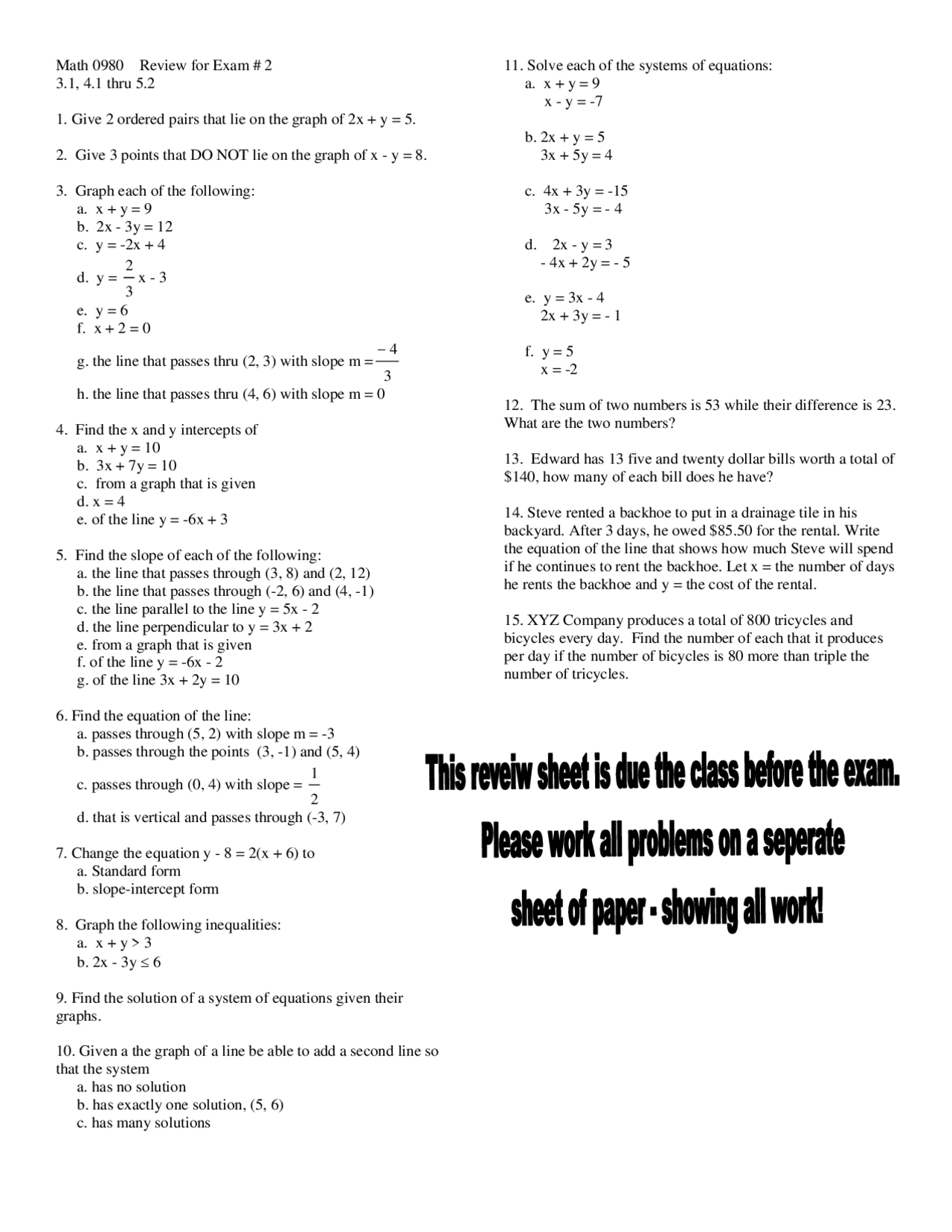 Review Sheet for Exam - Intensified Beginning Algebra | MATH 0980 - Docsity