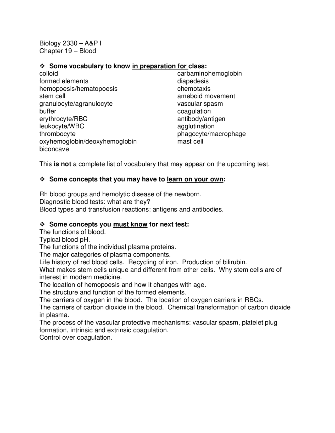 Vocabulary on Blood - Anatomy and Physiology I | BIO 2330 - Docsity