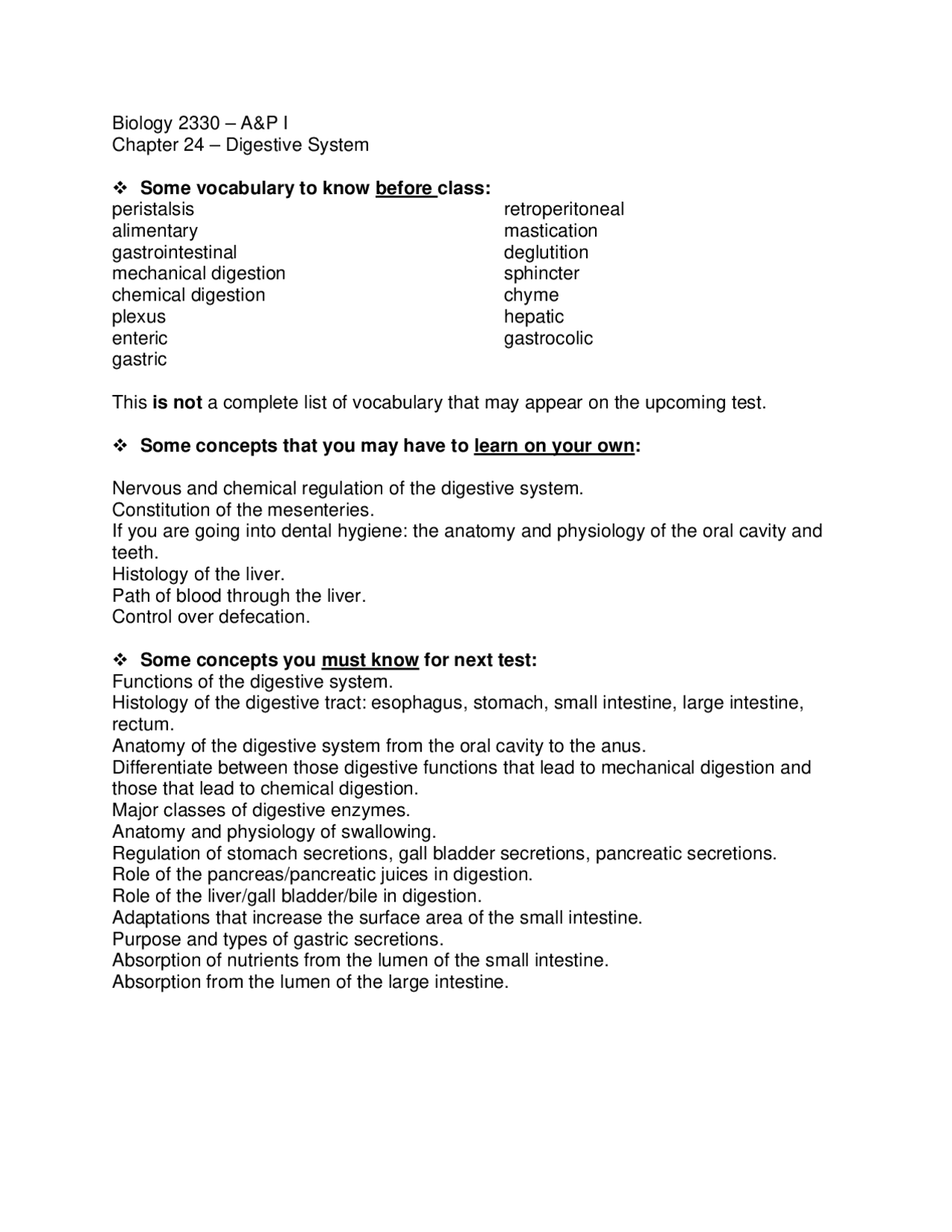 Digestive System Anatomy And Physiology I Bio 2330 Docsity