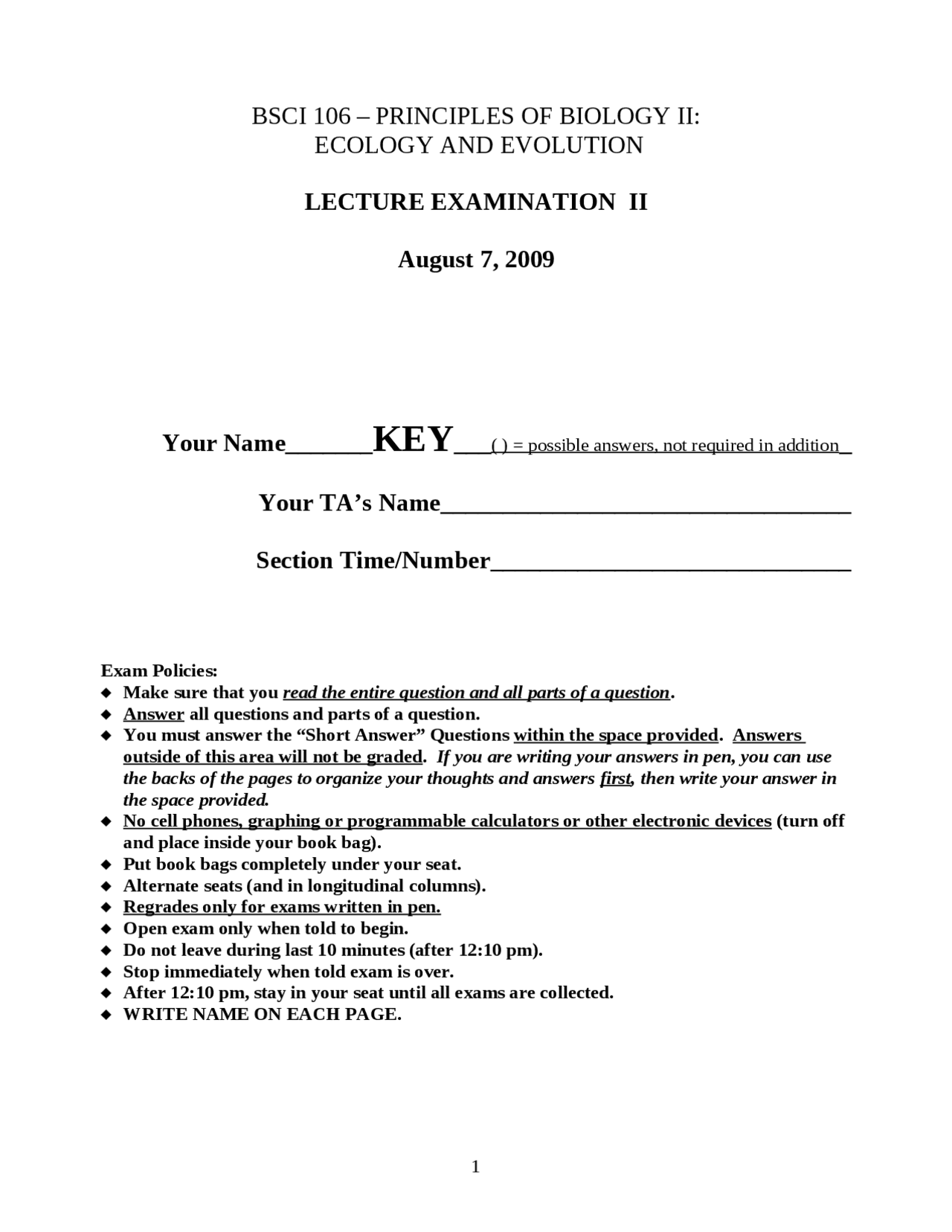 Solution Key For Exam On Principles Of Biology Ecology And Evolution