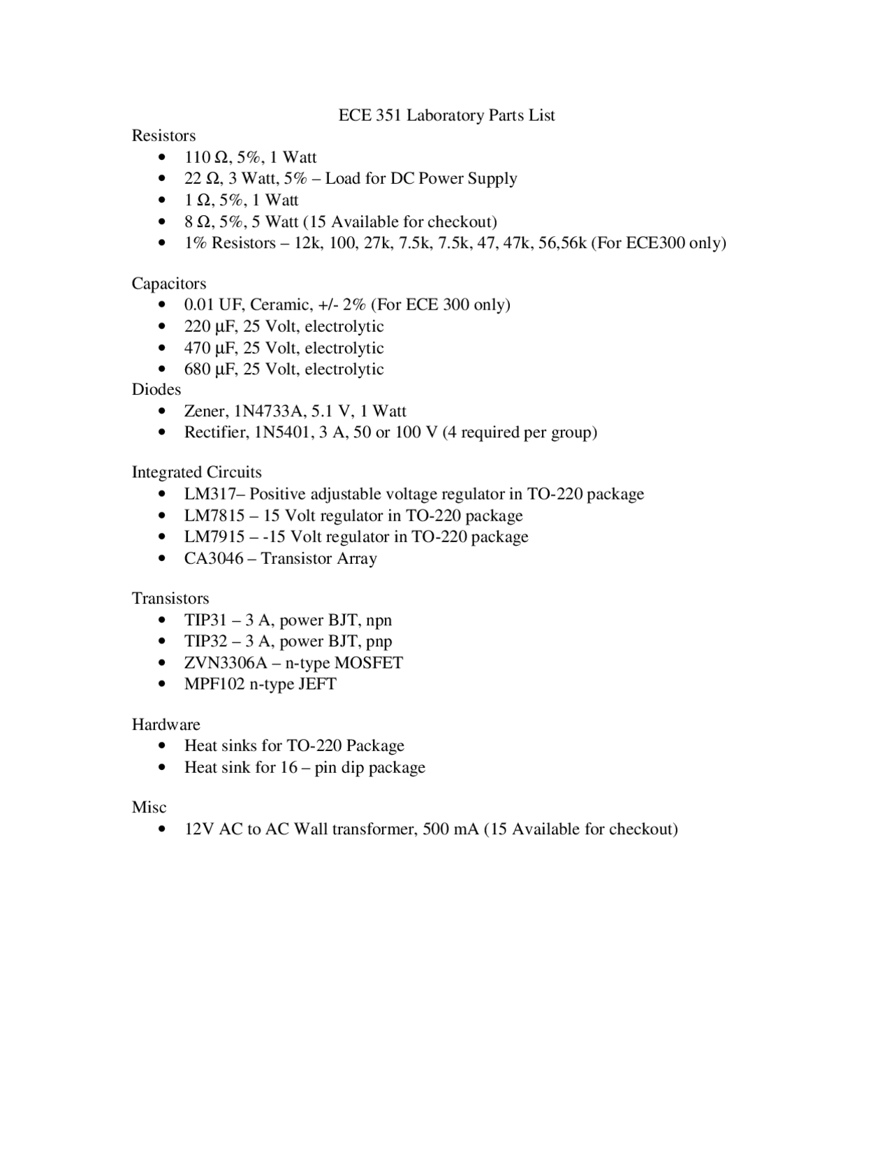 ECE Laboratory Parts List: Components and Equipment for Electrical Engineering Students - | Lab ...