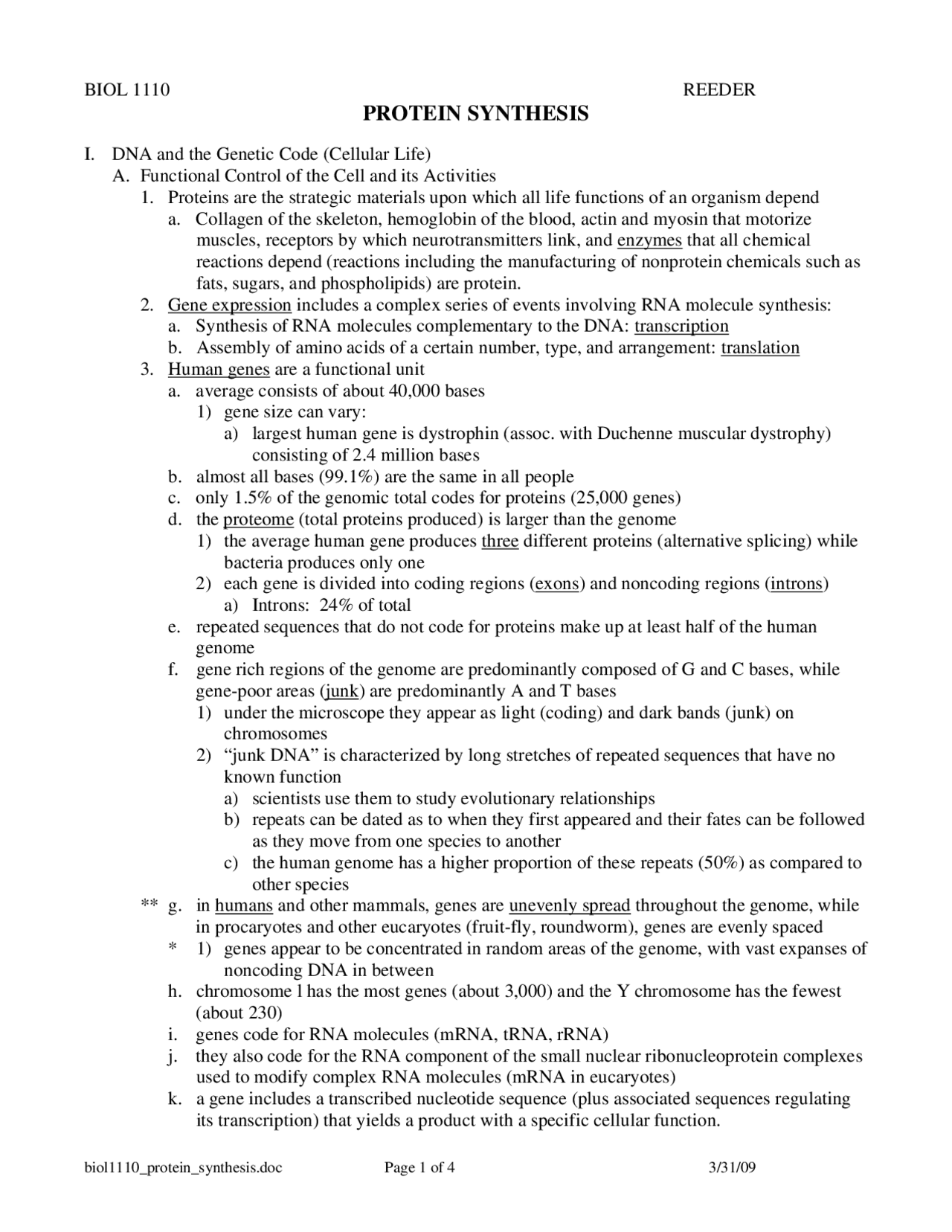 Protein Synthesis Lecture Notes Biol 1110 Docsity