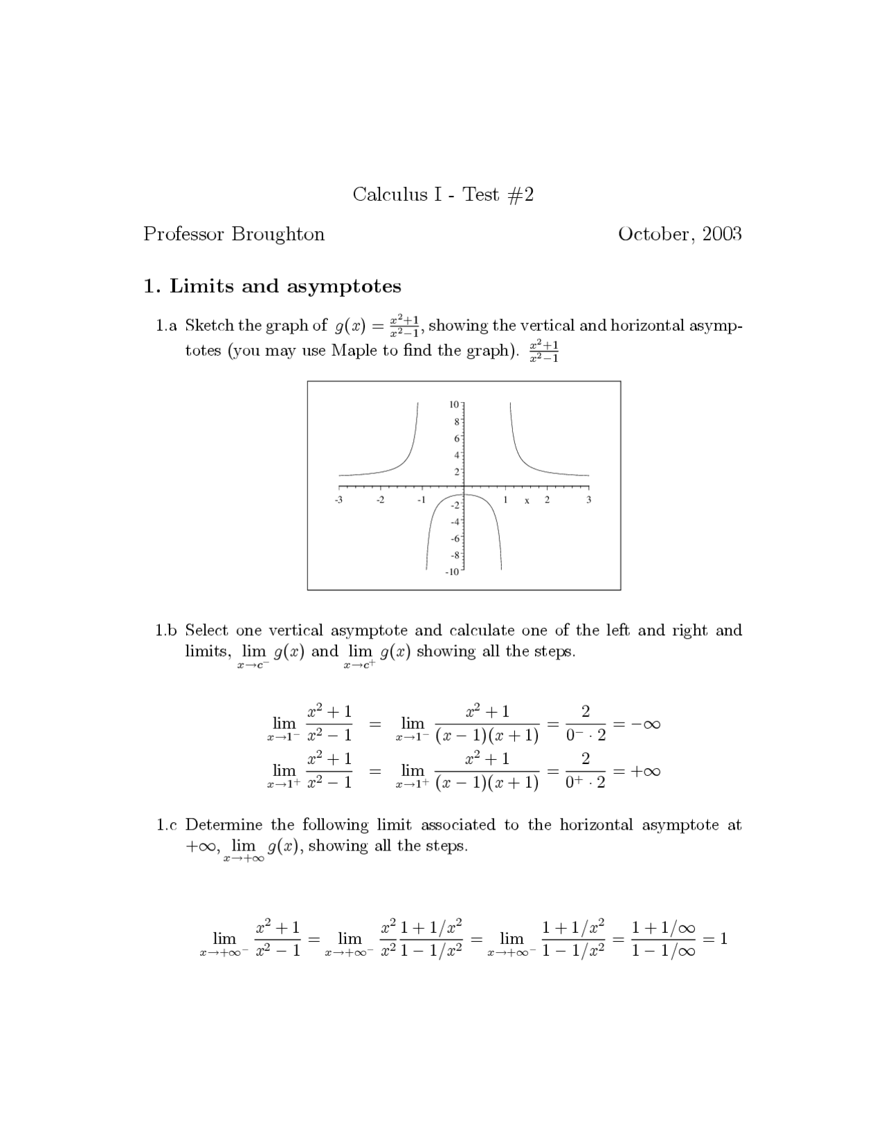 Calculus I - Test #2 Solutions: Limits, Derivatives, Velocity, Tangent ...