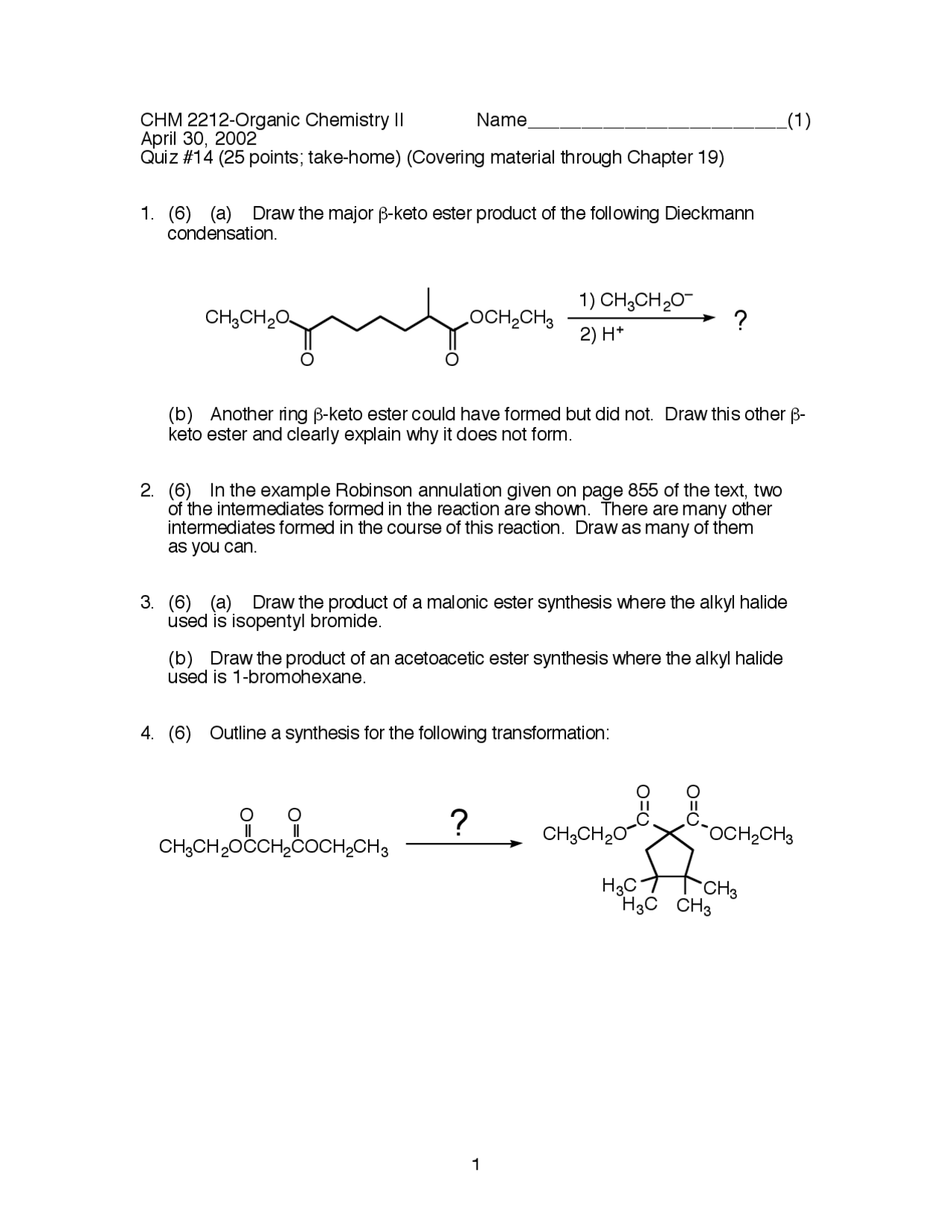 Quiz 14 Problems Organic Chemistry Ii Chm 2212 Docsity