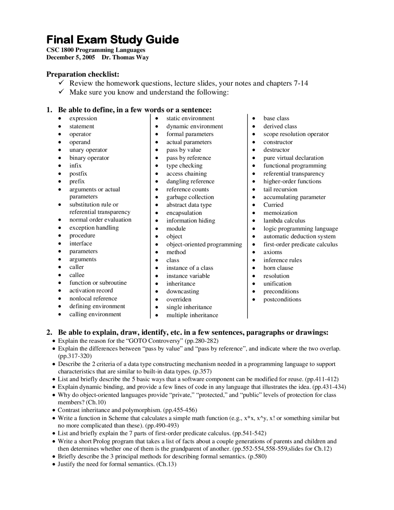 Final Exam Study Guide - Organ of Program Languages | CSC 1800 - Docsity