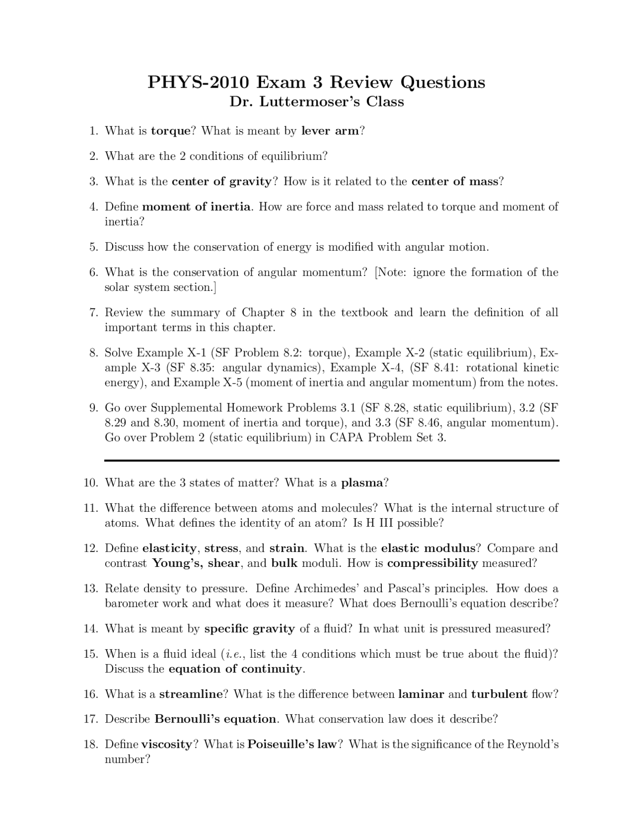 20 Review Questions On Torque And Center Of Gravity Exam 3 Phys