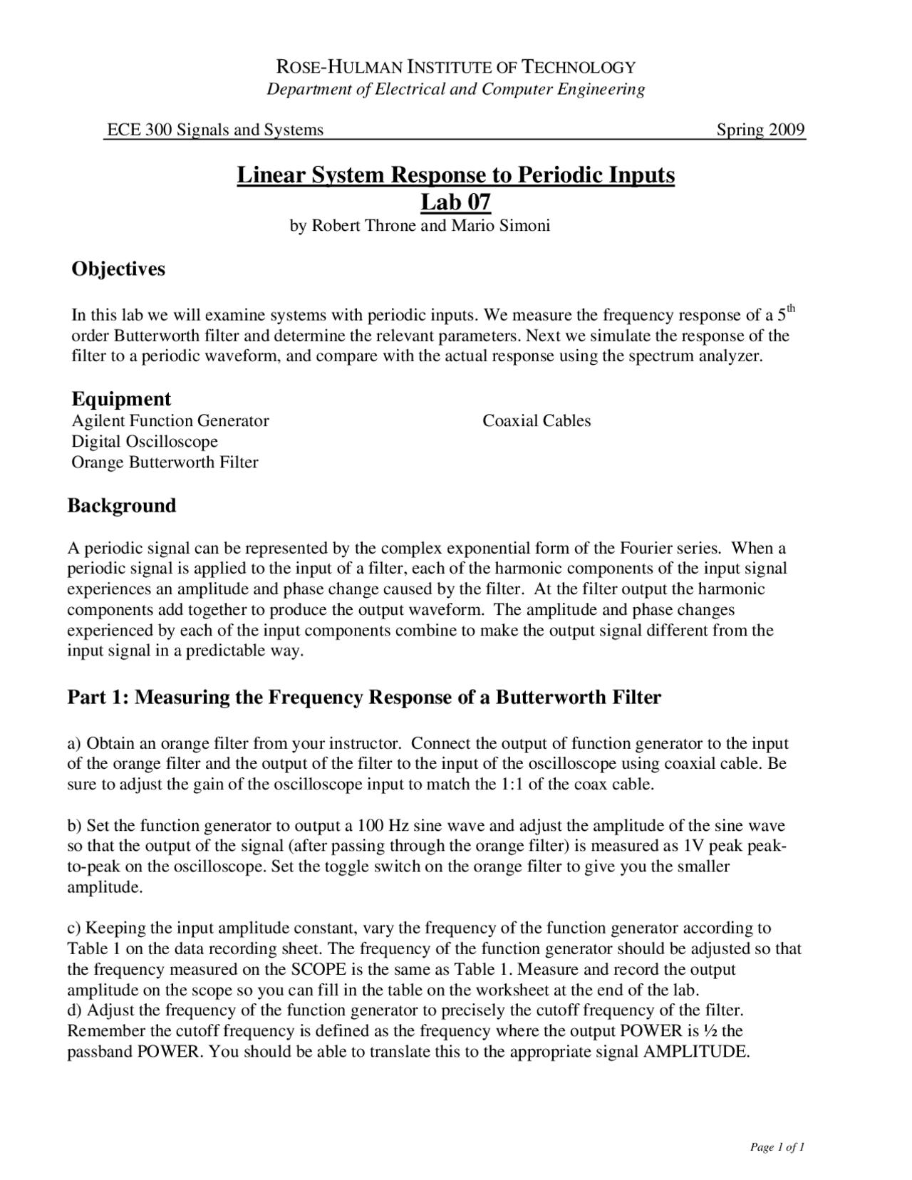 Lab Report 7 Linear System Response To Periodic Inputs Ece 300