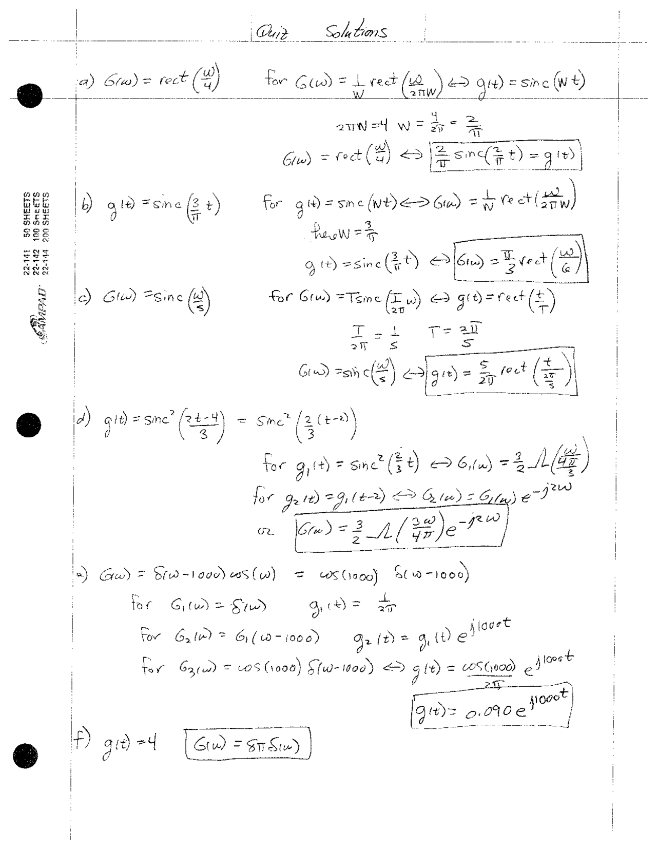 Quiz With Solutions Continuous Time Signals And Systems Ece 300