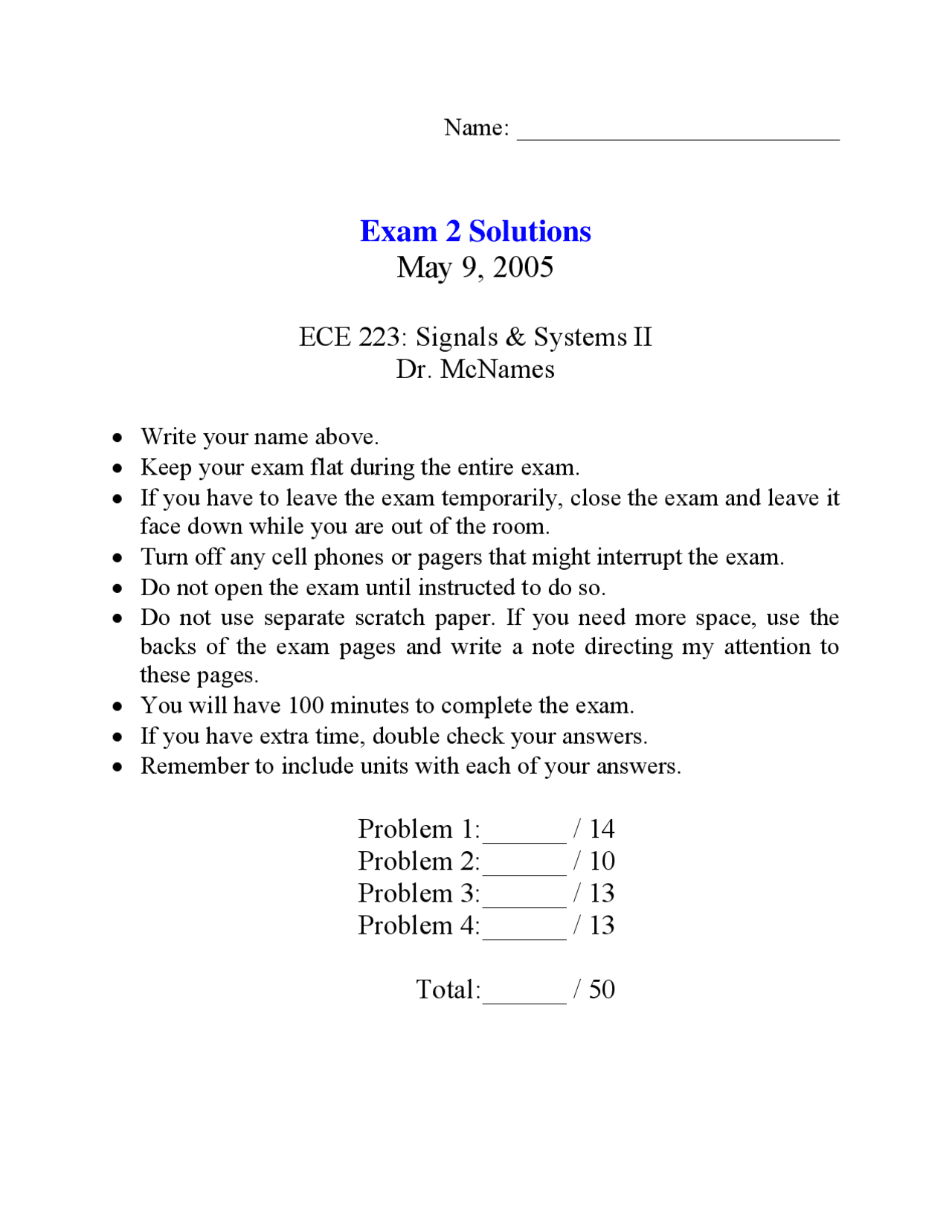 Signals And Systems Ll In Exam 2 Ece 223 Docsity