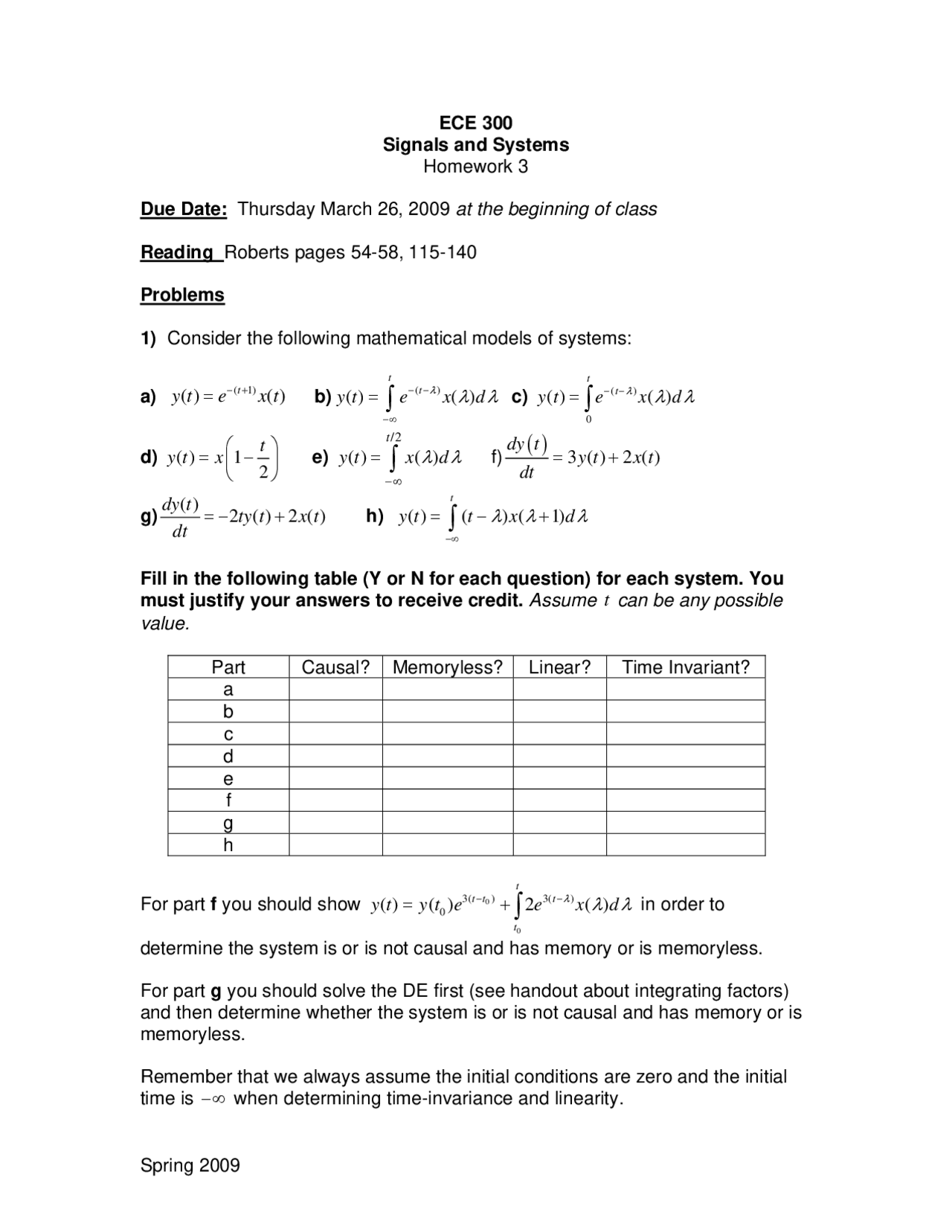 Practice Problems on Signals and Systems - Homework 3 | ECE 300 - Docsity