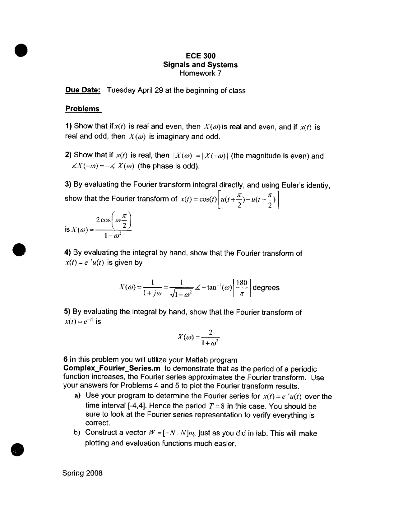 Homework 7 Practice Problems On Signals And Systems Ece 300 Docsity