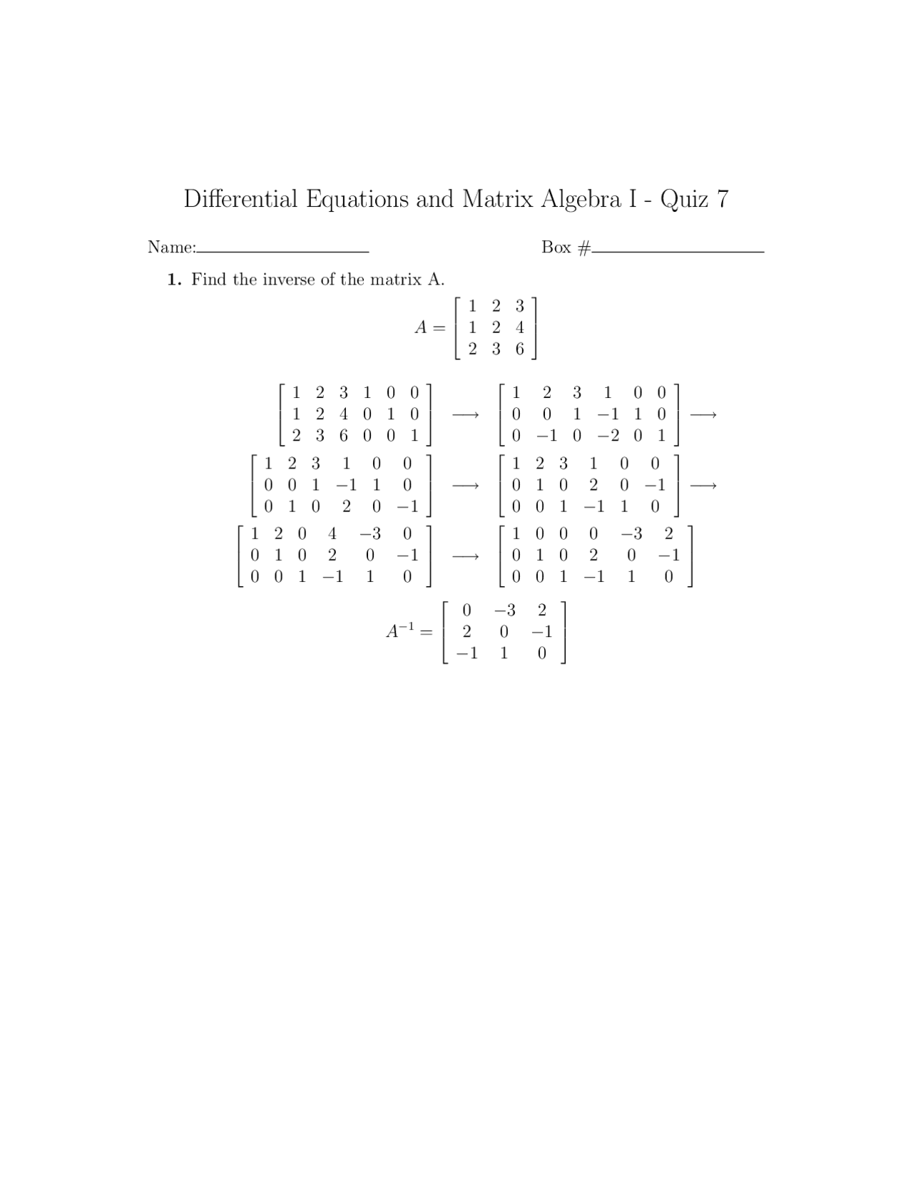 Quiz 7 Differential Equations And Matrix Algebra I Ma 221 Docsity