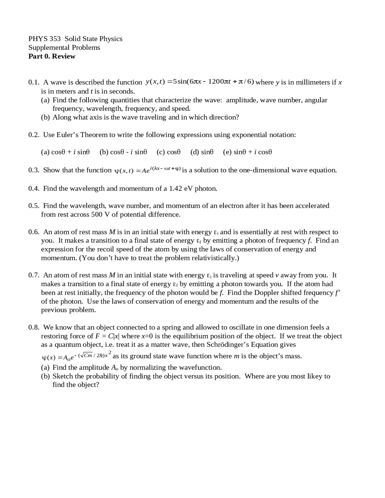 Review Of Supplemental Problems Solid State Physics Phys 353 Docsity