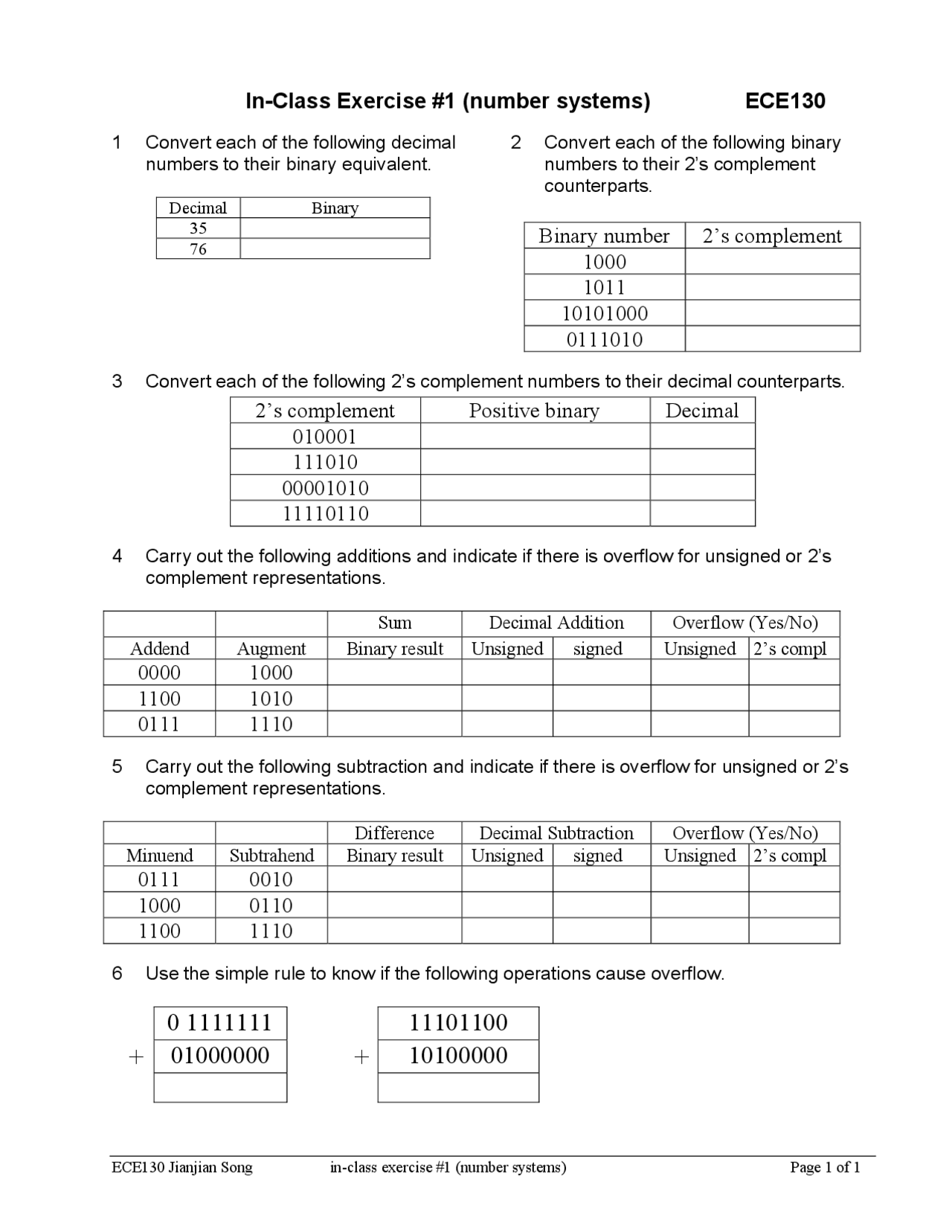 Number Systems Exercise 1 Introduction To Logic Design Ece 130