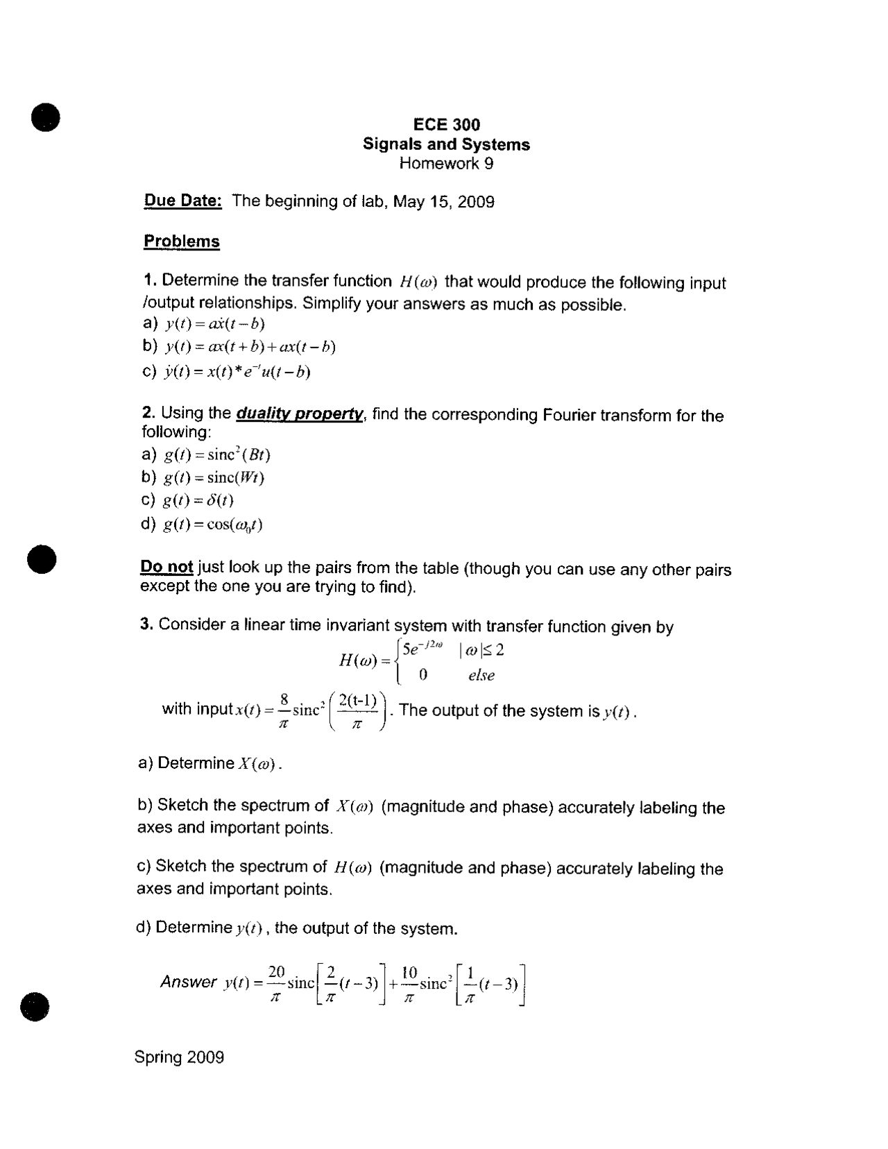 Homework 9 Practice Problems On Signals And Systems Ece 300 Docsity
