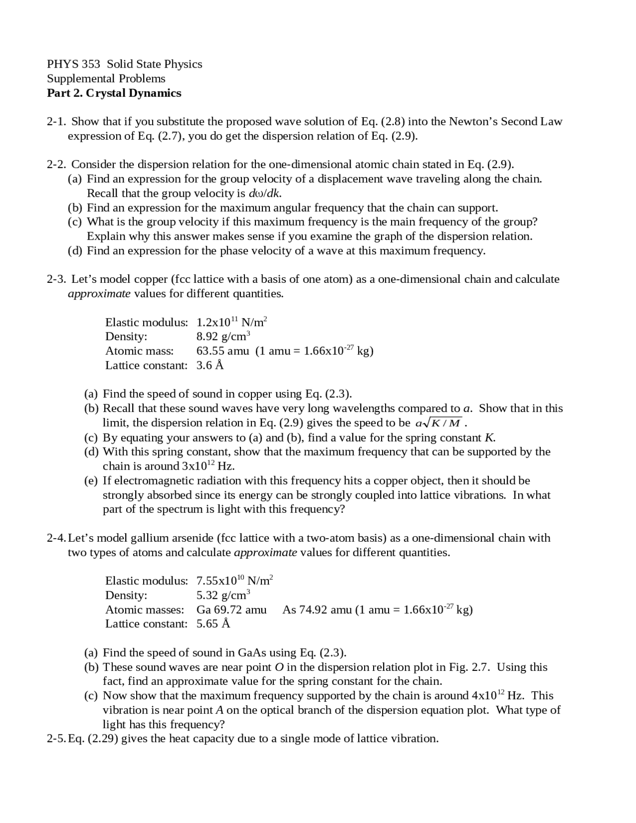 Crystal Dynamics Solid State Physics Supplemental Problems Phys