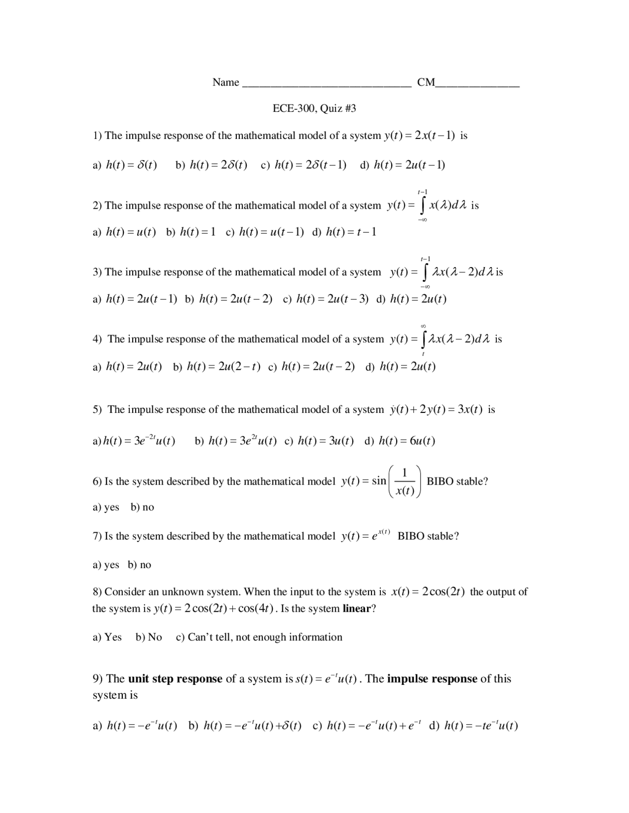 Quiz 3 For Continuous Time Signals And System Ece 300 Docsity