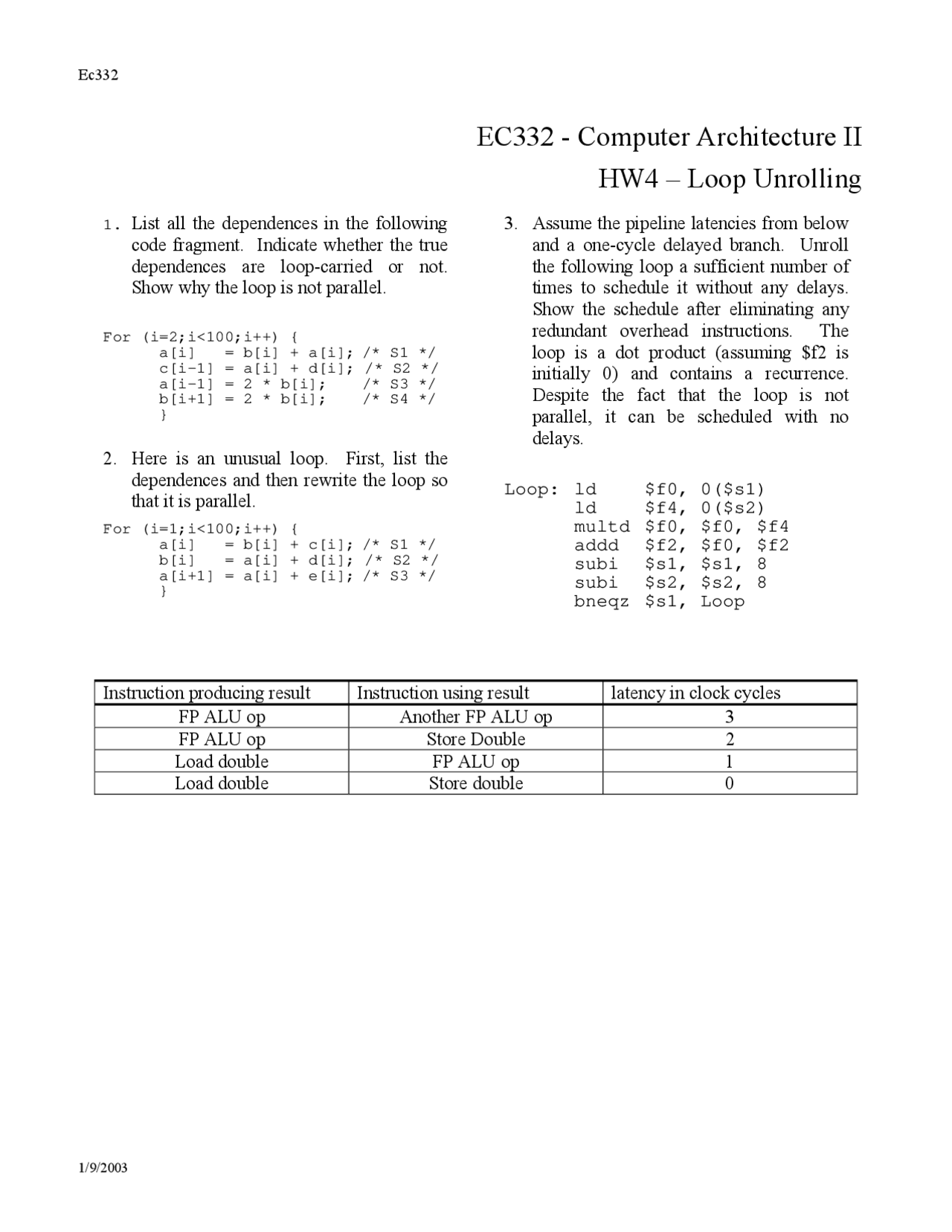 Loop Unrolling Computer Architecture Ii Assignment 4 Ece 332 Docsity 