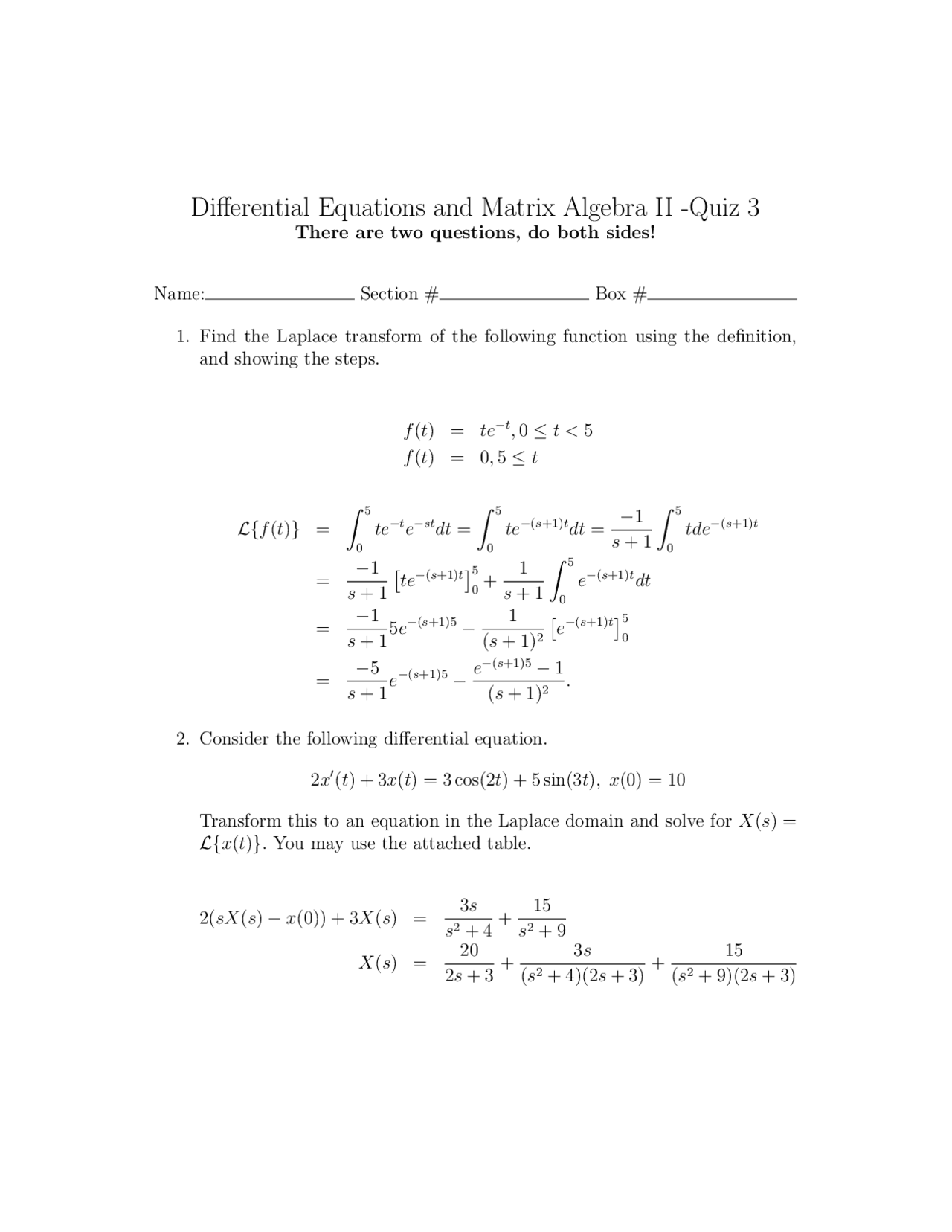 Differential Equations And Matrix Algebra Ii Solved Quiz 3 Ma 222