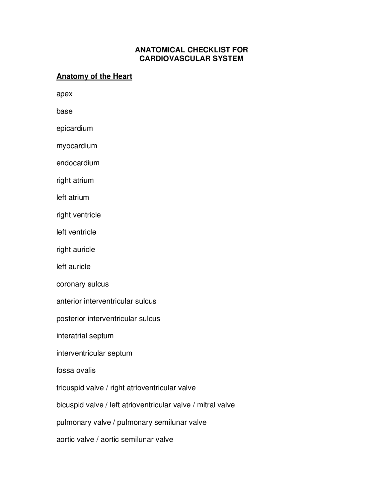 Anatomical Checklist for Cardiovascular System | BIOL 2020 - Docsity