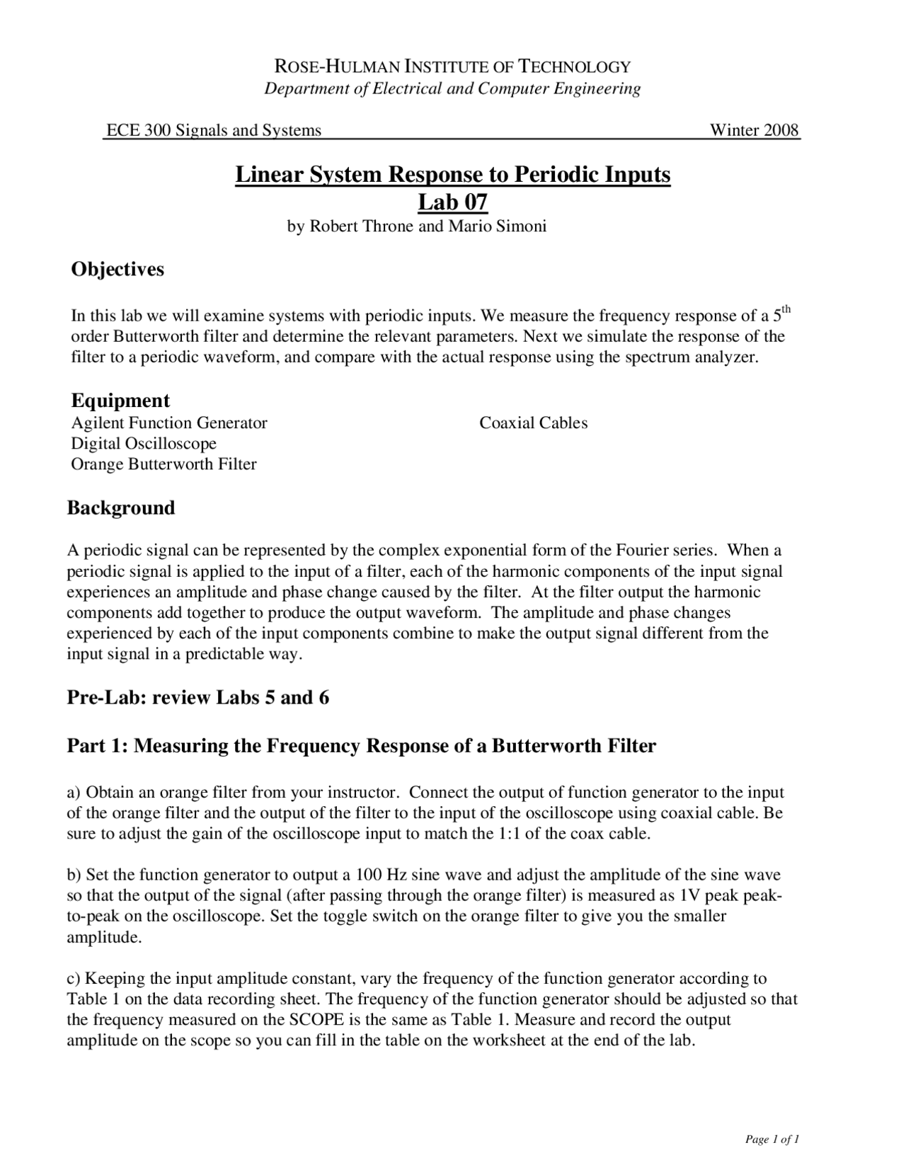 Linear System Response To Periodic Inputs Lab Report 7 Ece 300
