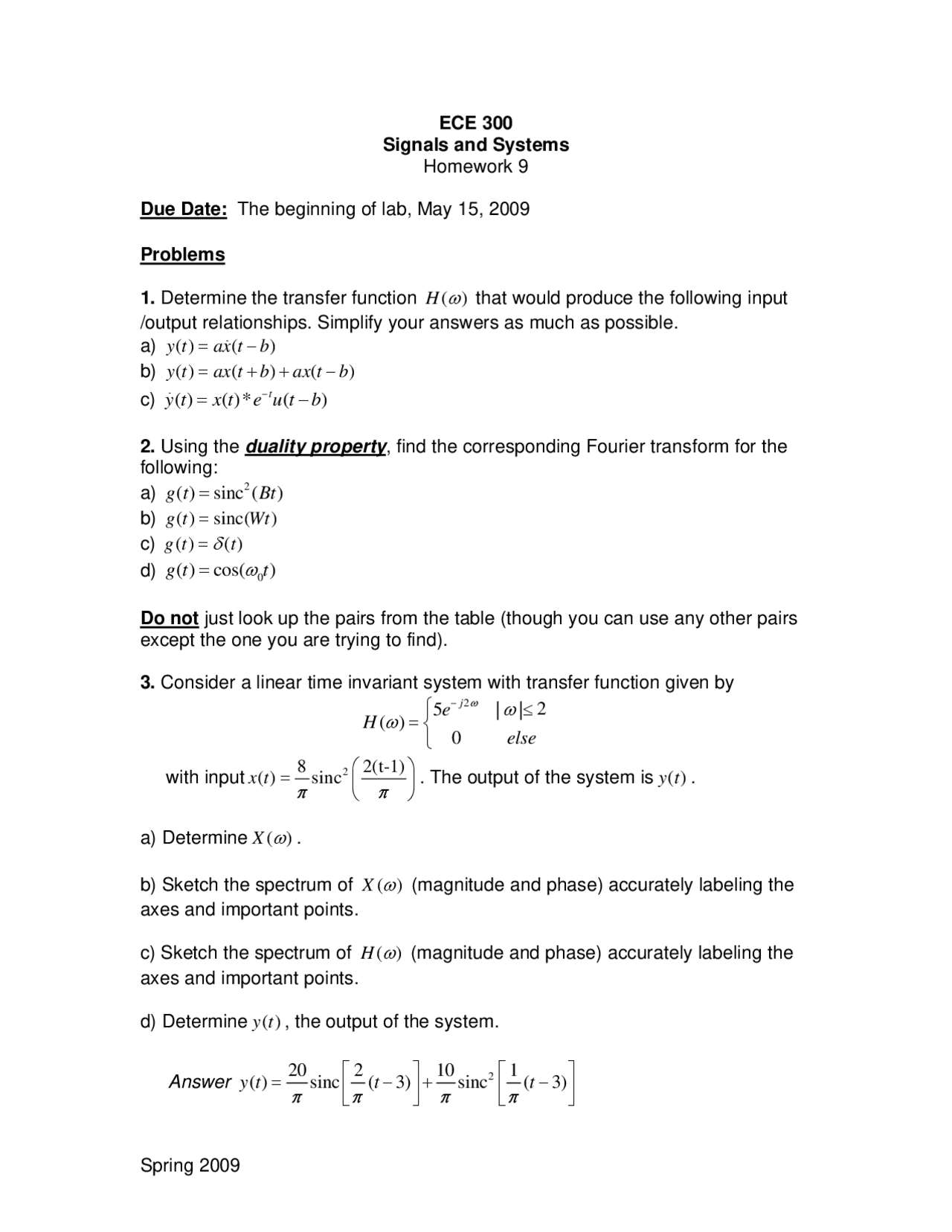 Homework 9 Problems Continuous Time Signals And Systems Ece 300