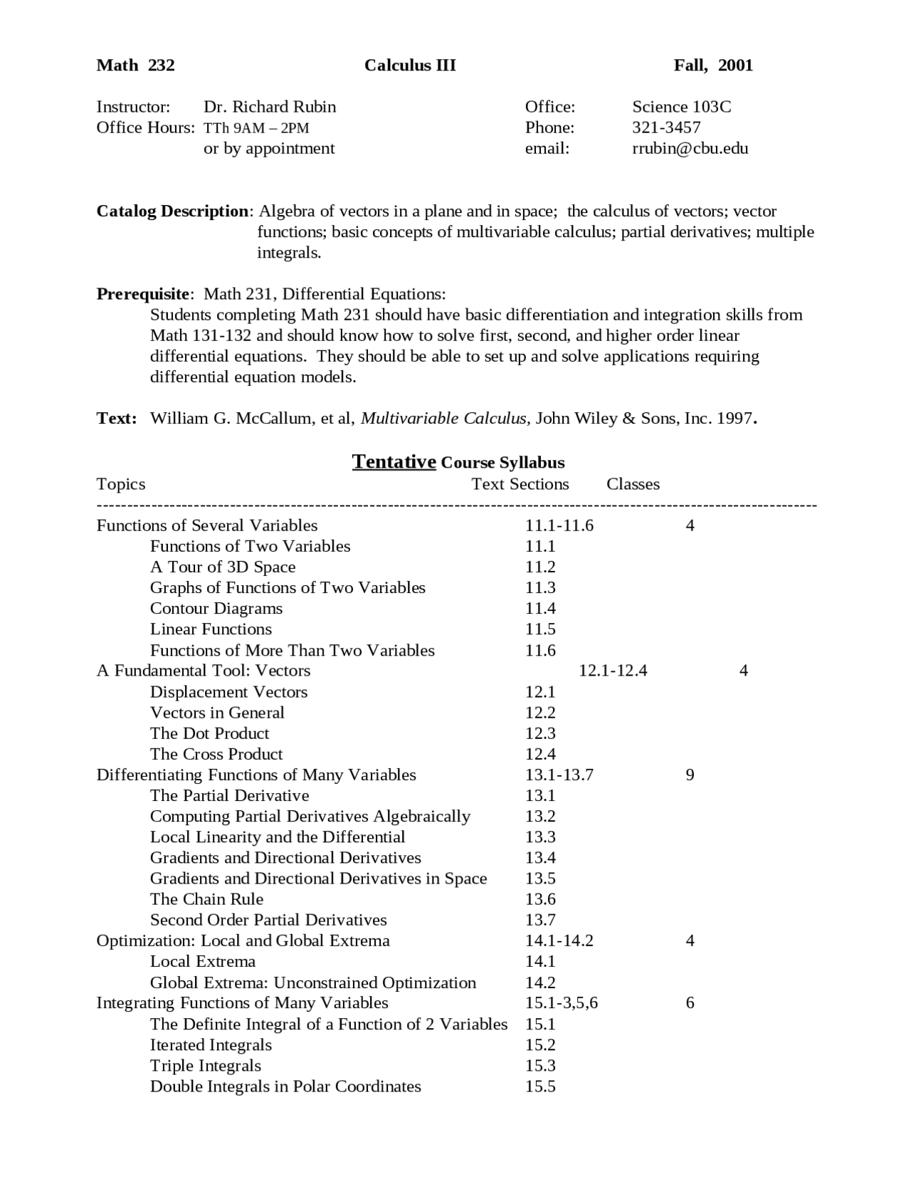 Tentative Course Outline of Calculus III | MATH 232 - Docsity
