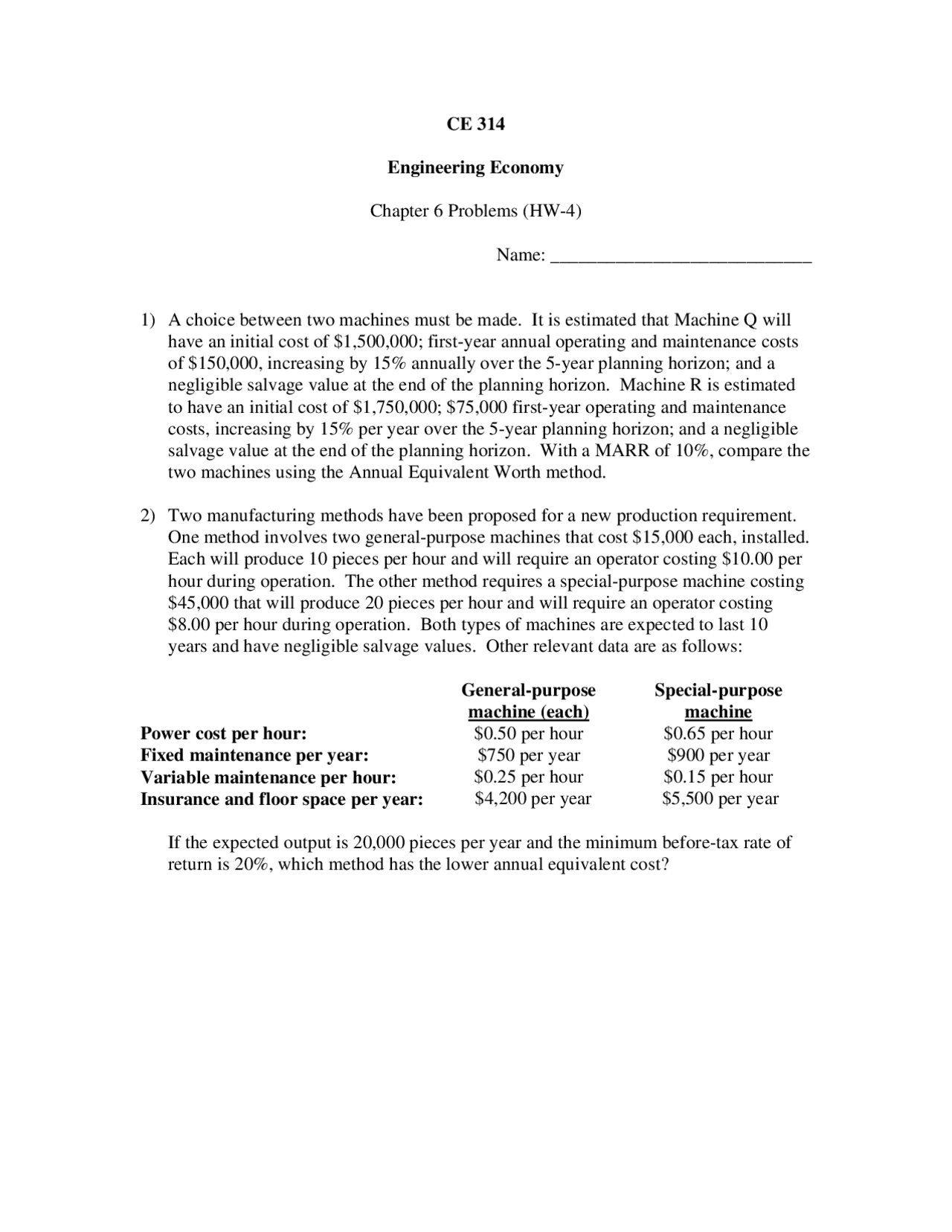 Homework 4 Practice Questions Engineering Economy Ce 314 Docsity