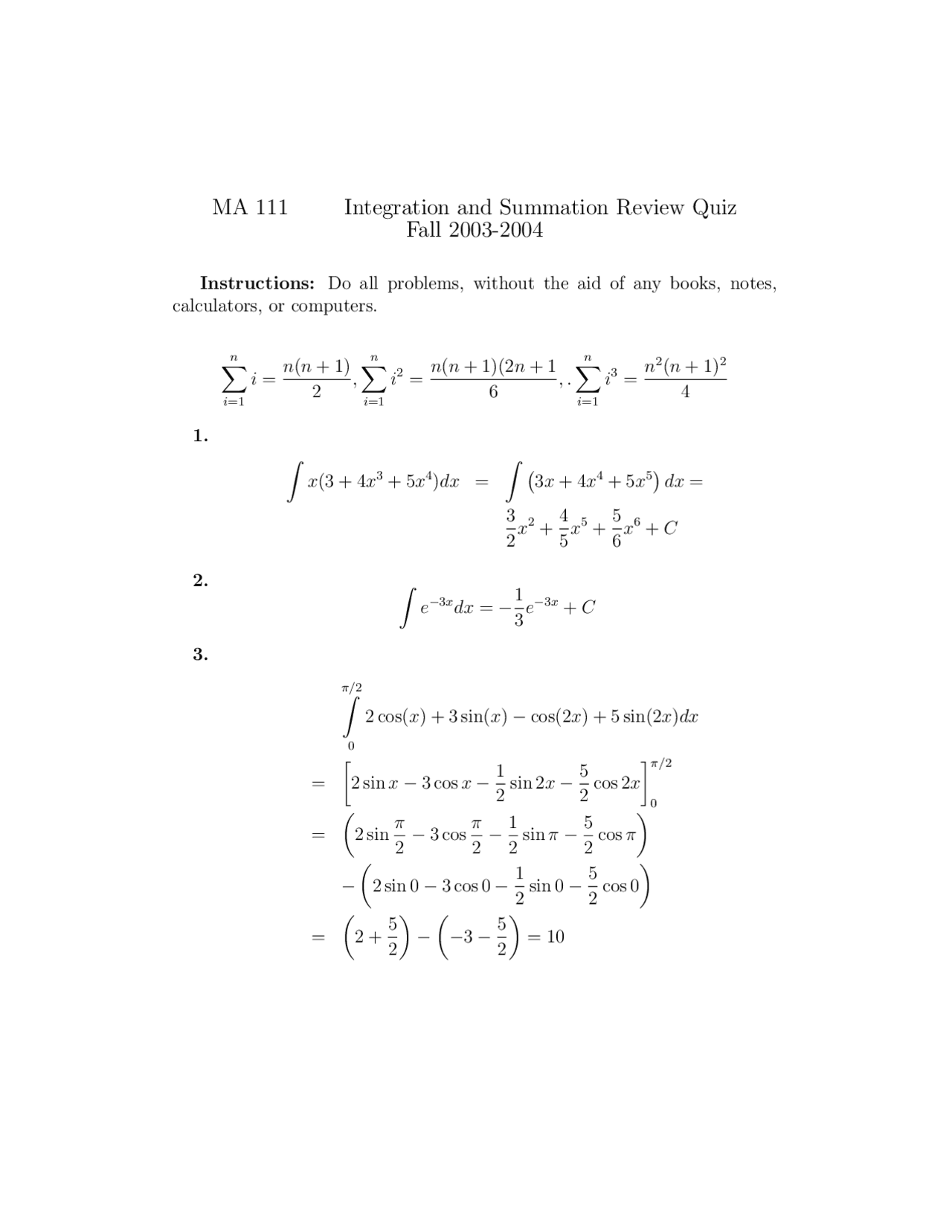 Integration and Summation Review Quiz Fall 2003-2004 | Study notes ...