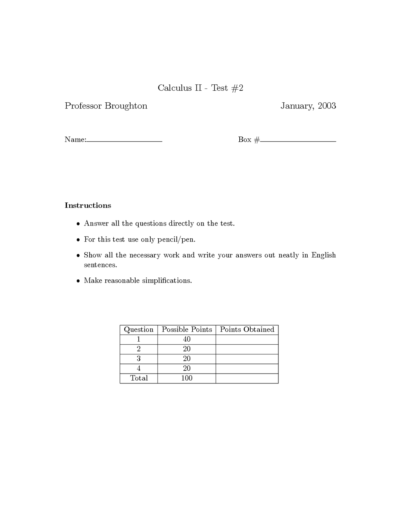 4 Questions On The Definite Integrals In Calculus Ii Exam 2 Ma 112