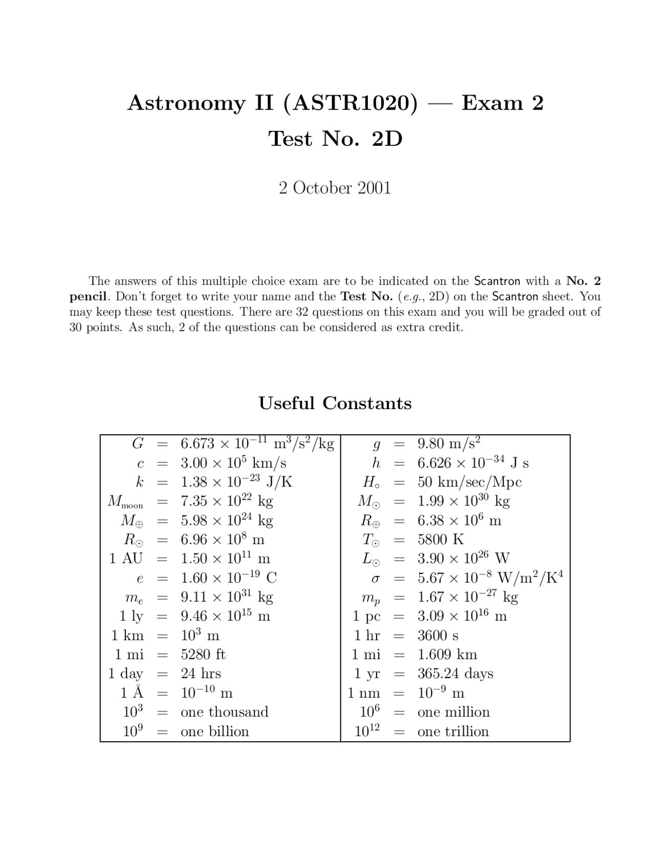 32 Multiple Choice Questions on Astronomy II | ASTR 1020 | Exams ...