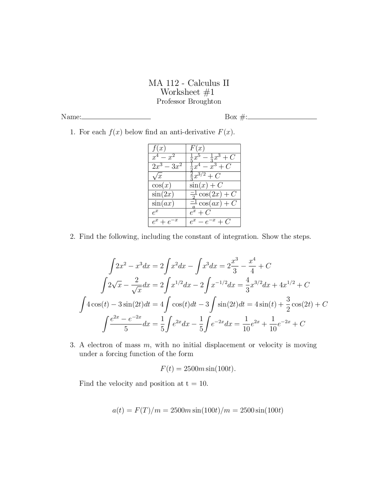 Worksheet 1 To Find Anti Derivative Calculus 2 Ma 112 Docsity