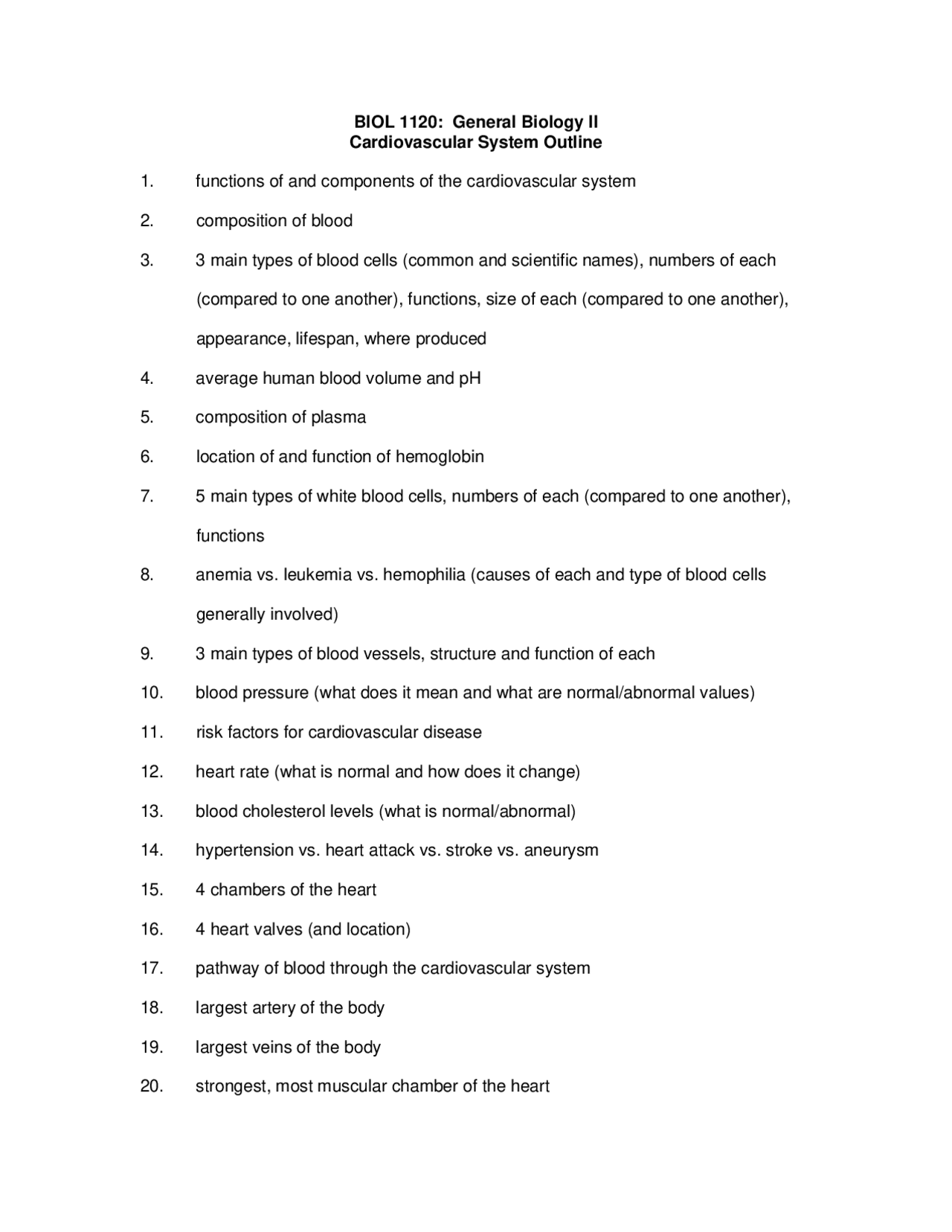 Cardiovascular System Outline - General Biology II | BIOL 1120 - Docsity