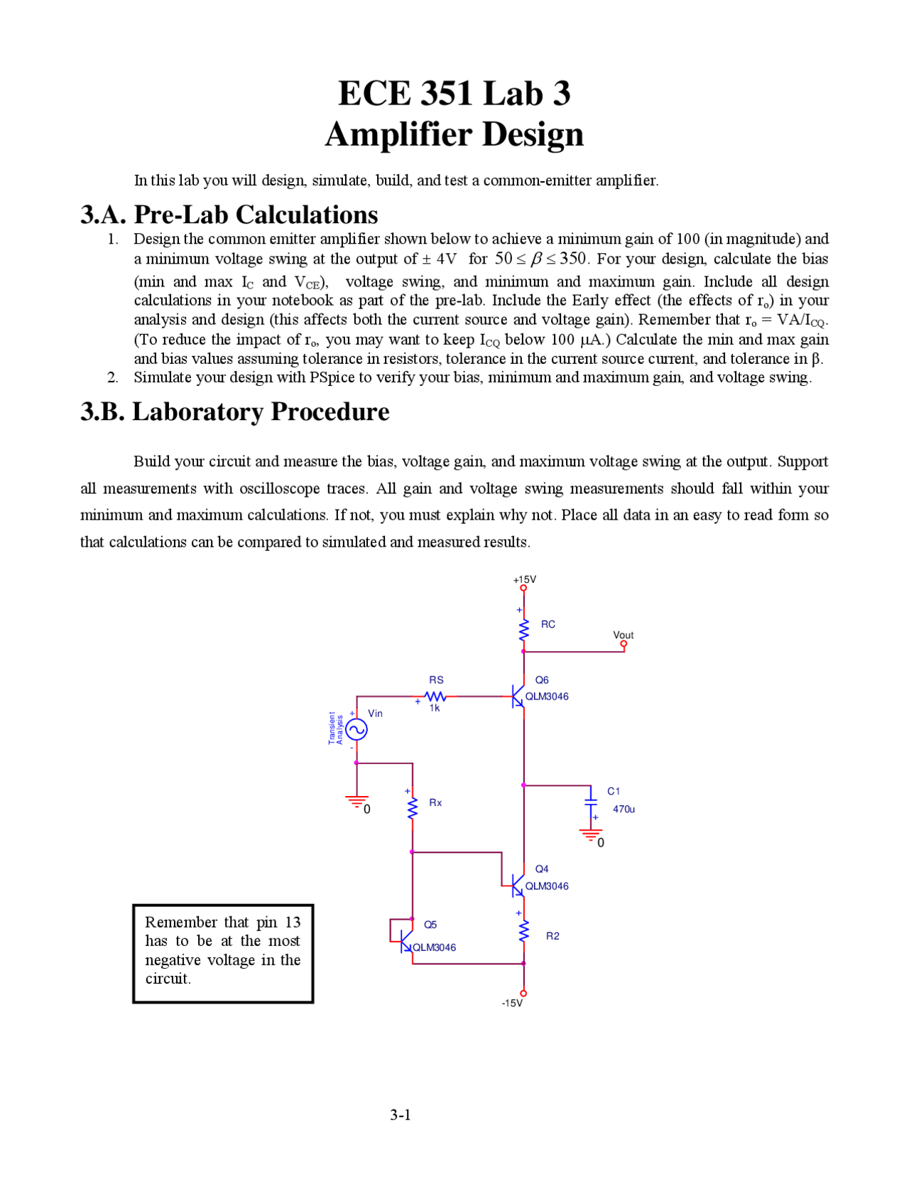 Laboratory Experiment 3 Amplifier Design Ece 351 Docsity