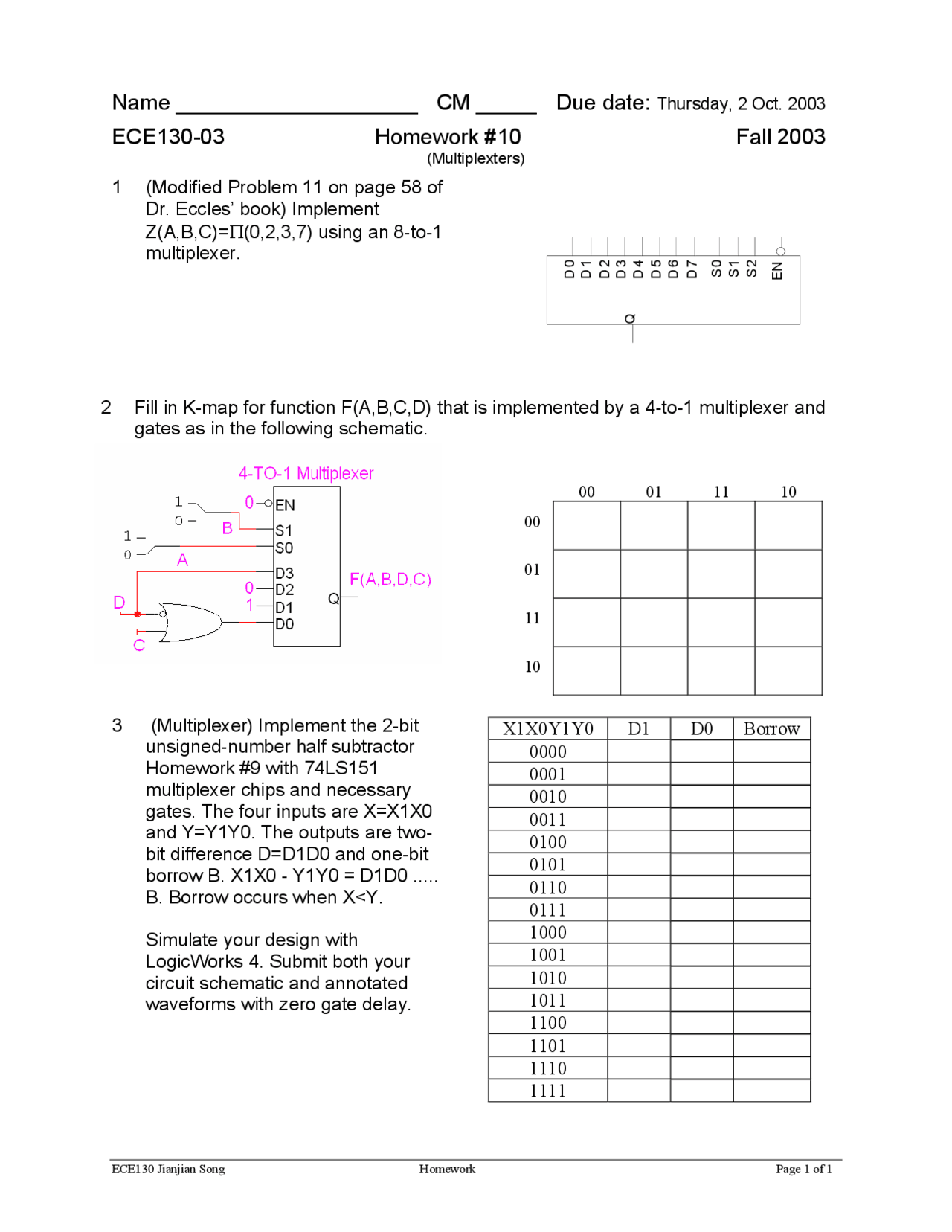 Multiplexers Homework 10 Introduction To Logic Design Ece 130