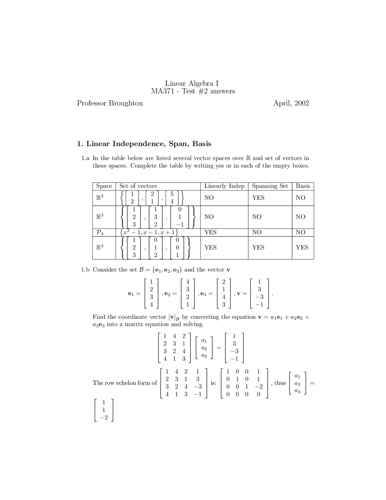 Test 2 Questions With Solutions Linear Algebra I Ma 371 Docsity
