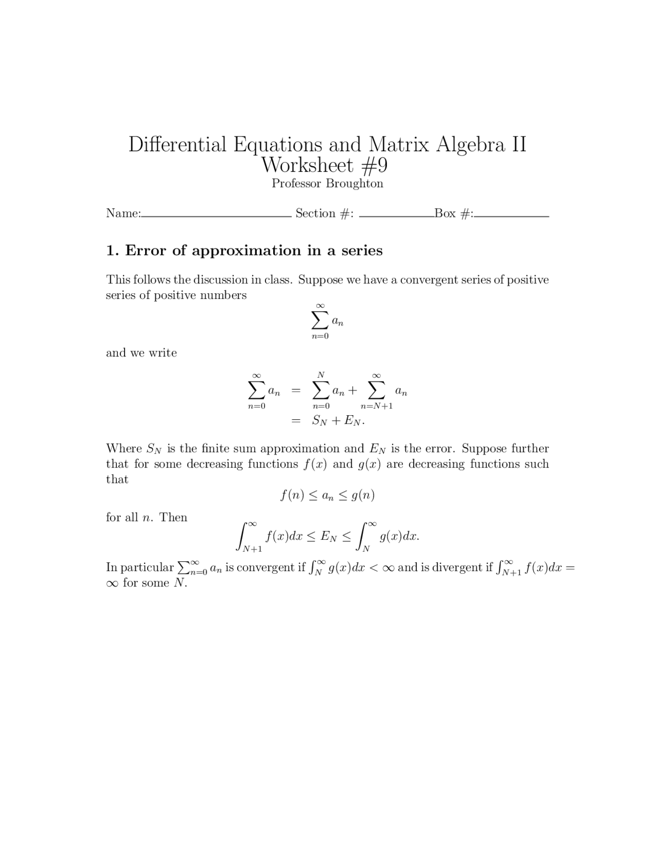 Worksheet 9 For Differential Equations And Matrix Algebra Ii Ma 222