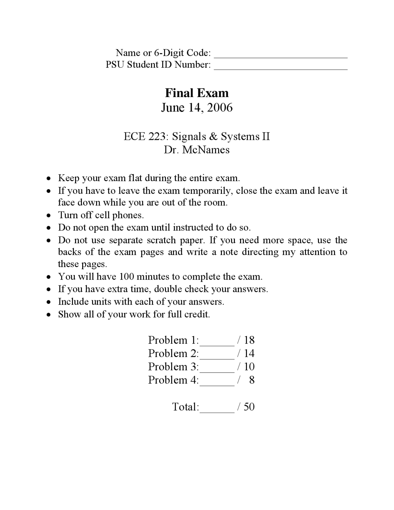 4 Problems Final Exam Electric Circuit Analysis Ece 223 Docsity