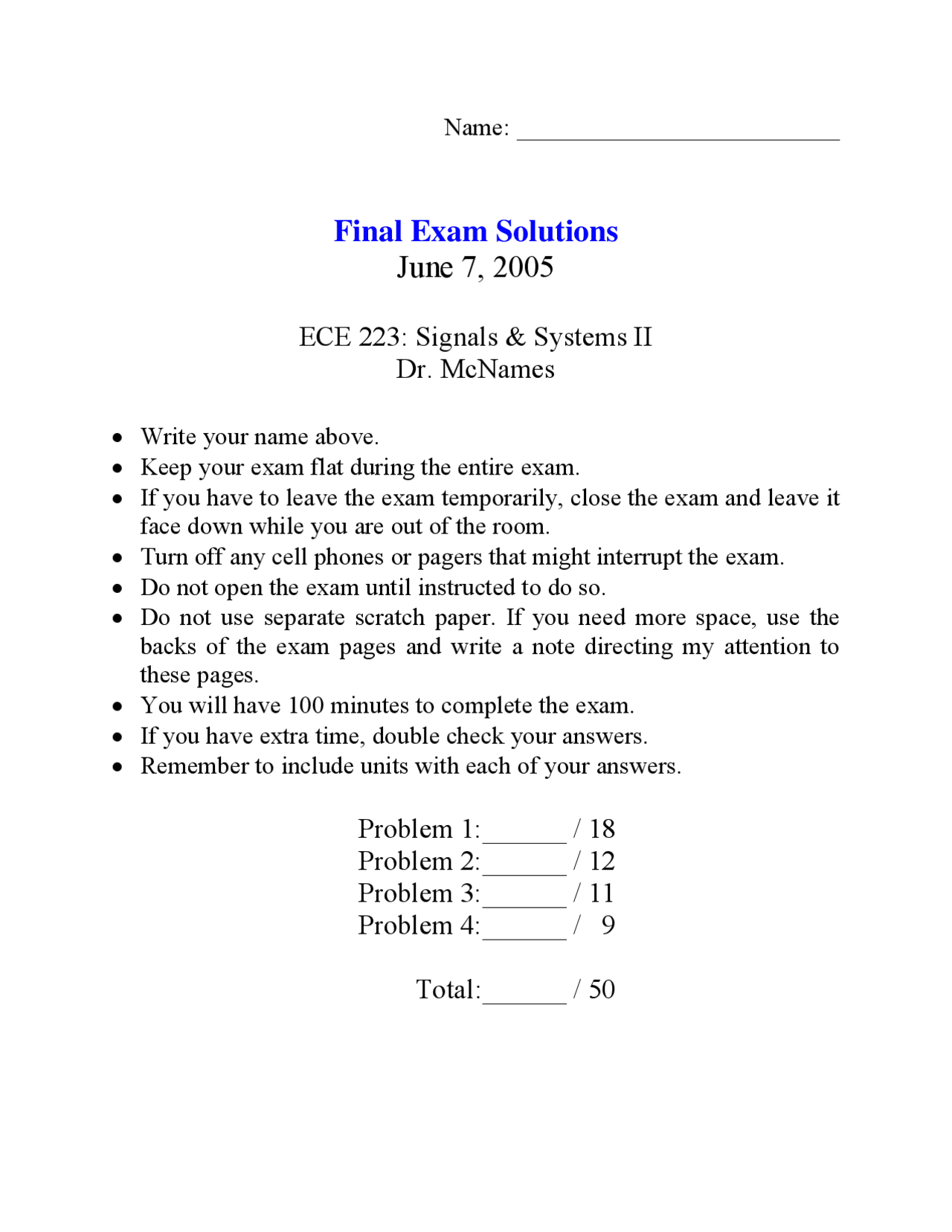 4 Problems With Answer Final Exam Electric Circuit Analysis Ece 223