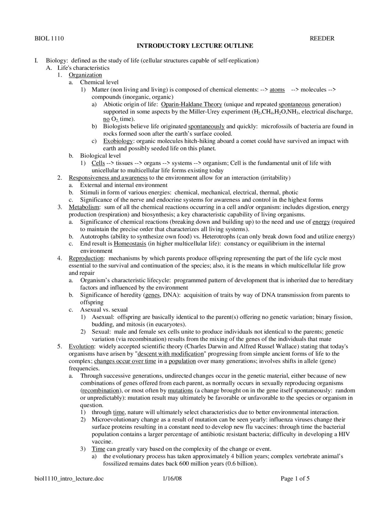 General Biology I Introductory Lecture Outline Biol 1110 Docsity