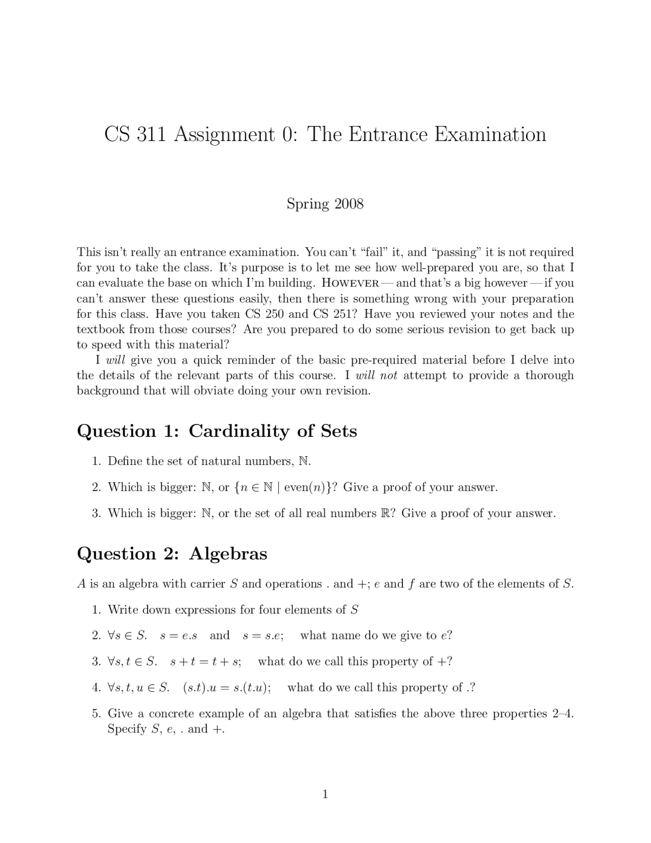 The Entrance Examination Questions - Computation Structures | CS 311 - Docsity